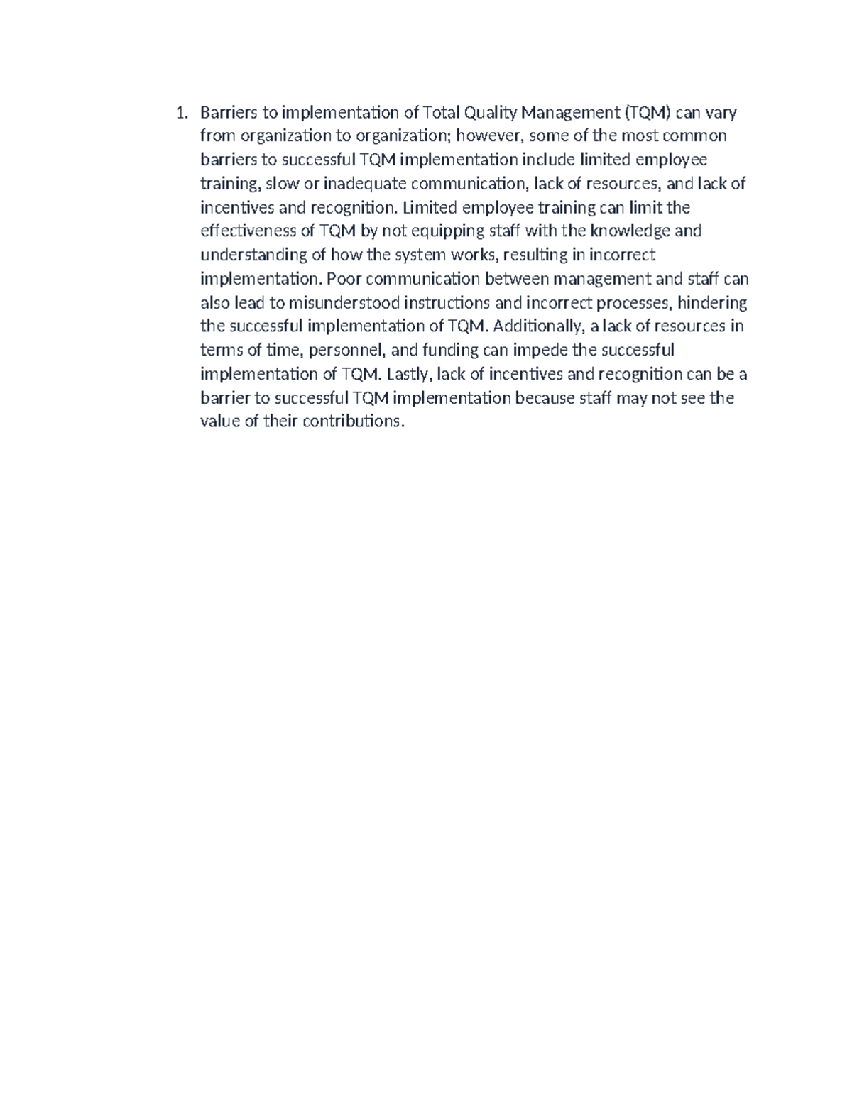 ACT6 TQM - Barriers to implementation of Total Quality Management (TQM ...