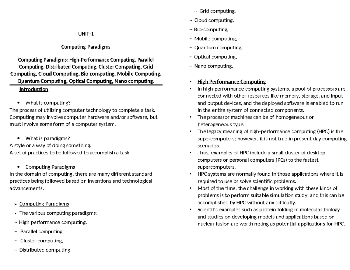 CC UNIT I - mmmmkllklkll;k - UNIT- Computing Paradigms Computing ...