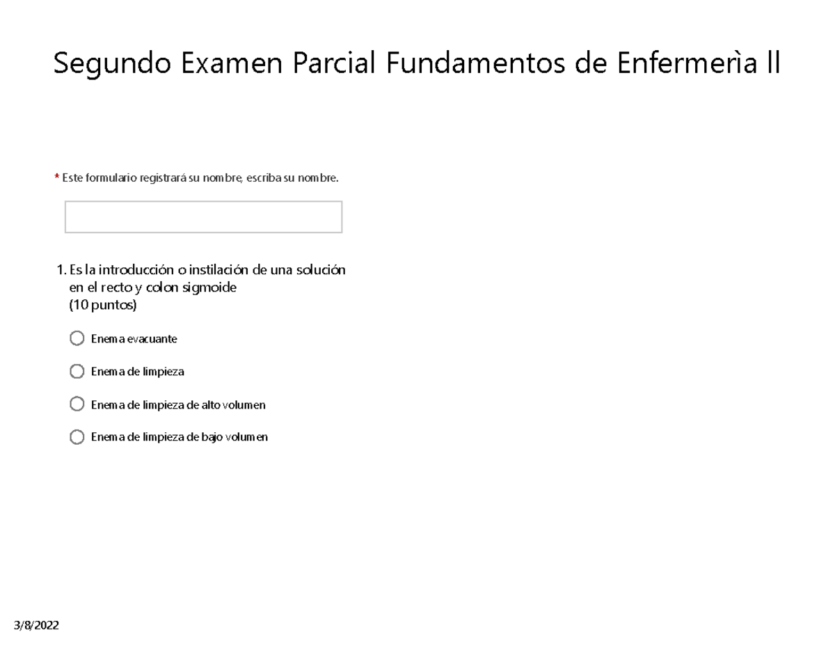 2o. Examen Parcial Fundamentos de Enfermerìa ll - Segundo Examen Parcial Fundamentos de ...