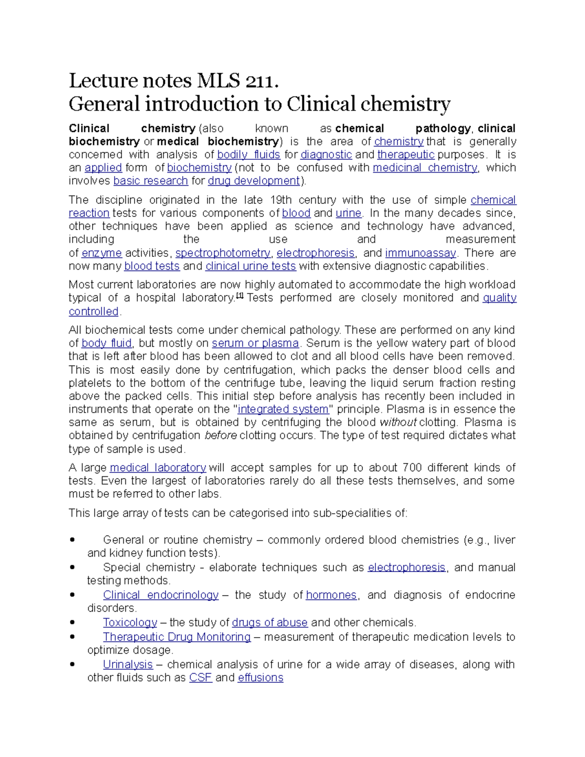 Lecture Notes Mls 211 Lecture Notes Mls 211 General Introduction To Clinical Chemistry