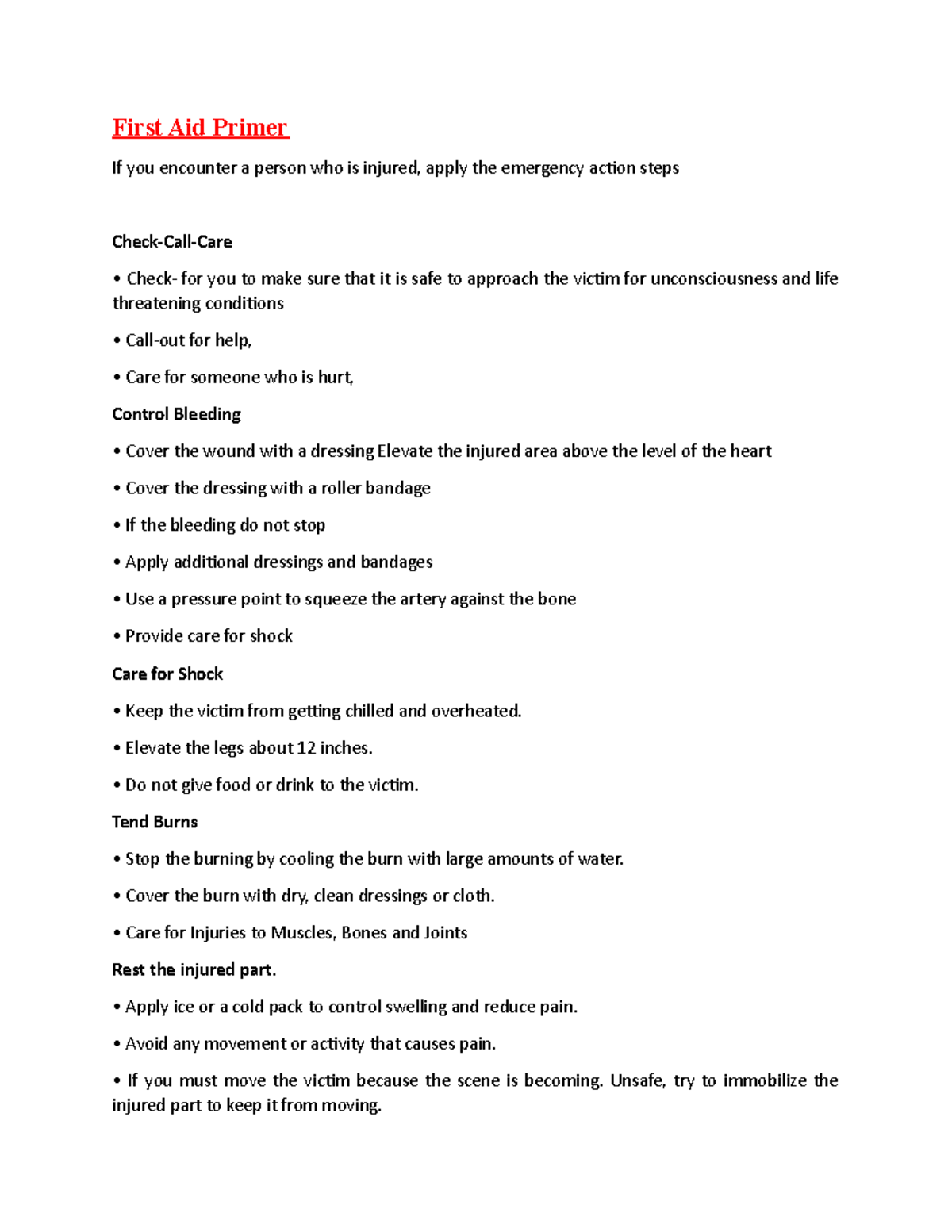 First Aid Primer - Elevate the legs about 12 inches. Do not give food ...