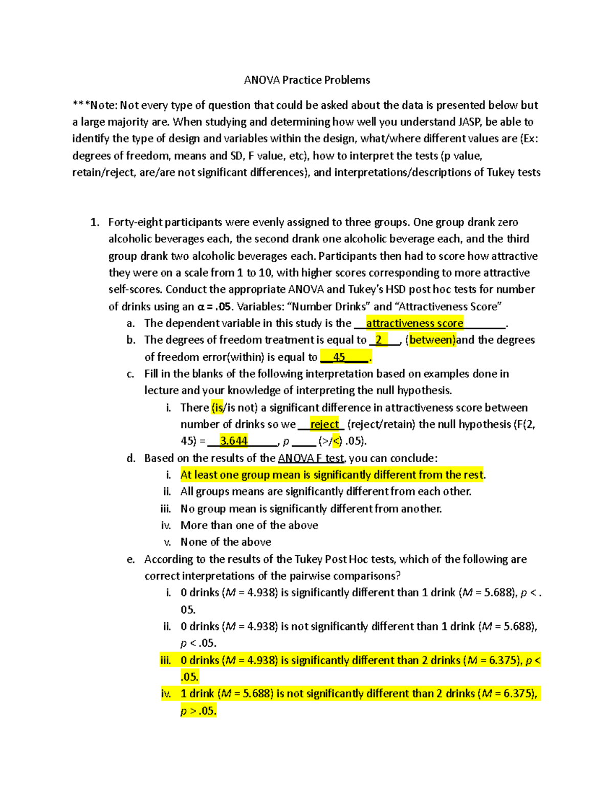 Anova Practice Problems - ANOVA Practice Problems ***Note: Not every ...