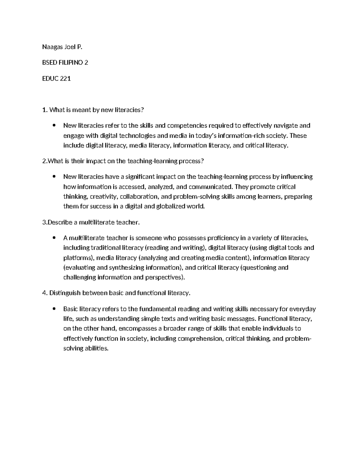 EDUC 221 BSED Filipino 2 - Naagas Joel P. BSED FILIPINO 2 EDUC 221 What is meant by new ...