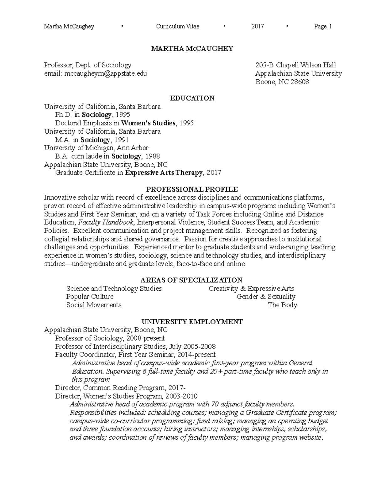 Cv mccaughey - reading - MARTHA McCAUGHEY Professor, Dept. of Sociology ...