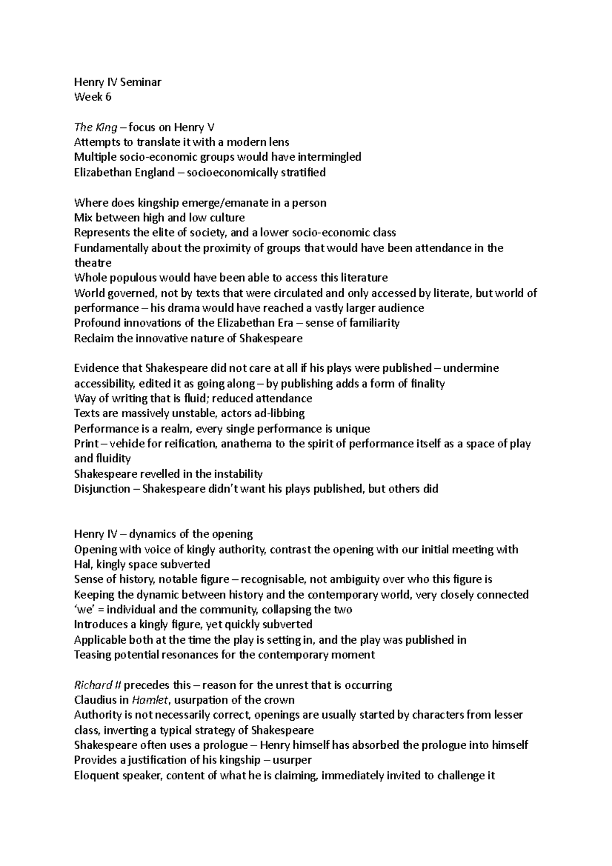 Henry IV Seminar - wk 6 - Henry IV Seminar Week 6 The King – focus on ...