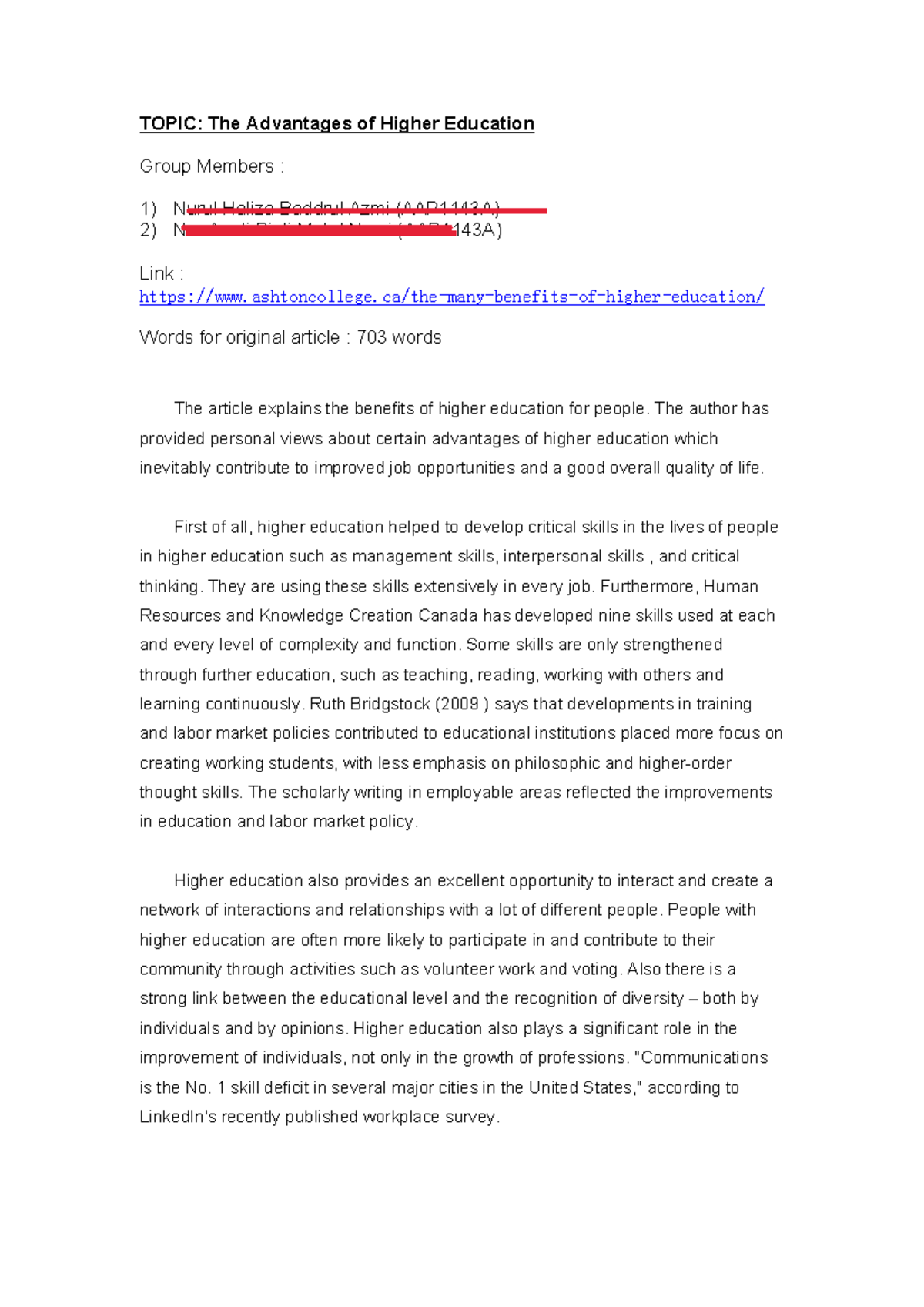 ELC Advantages OF Higher Education - TOPIC: The Advantages of Higher ...