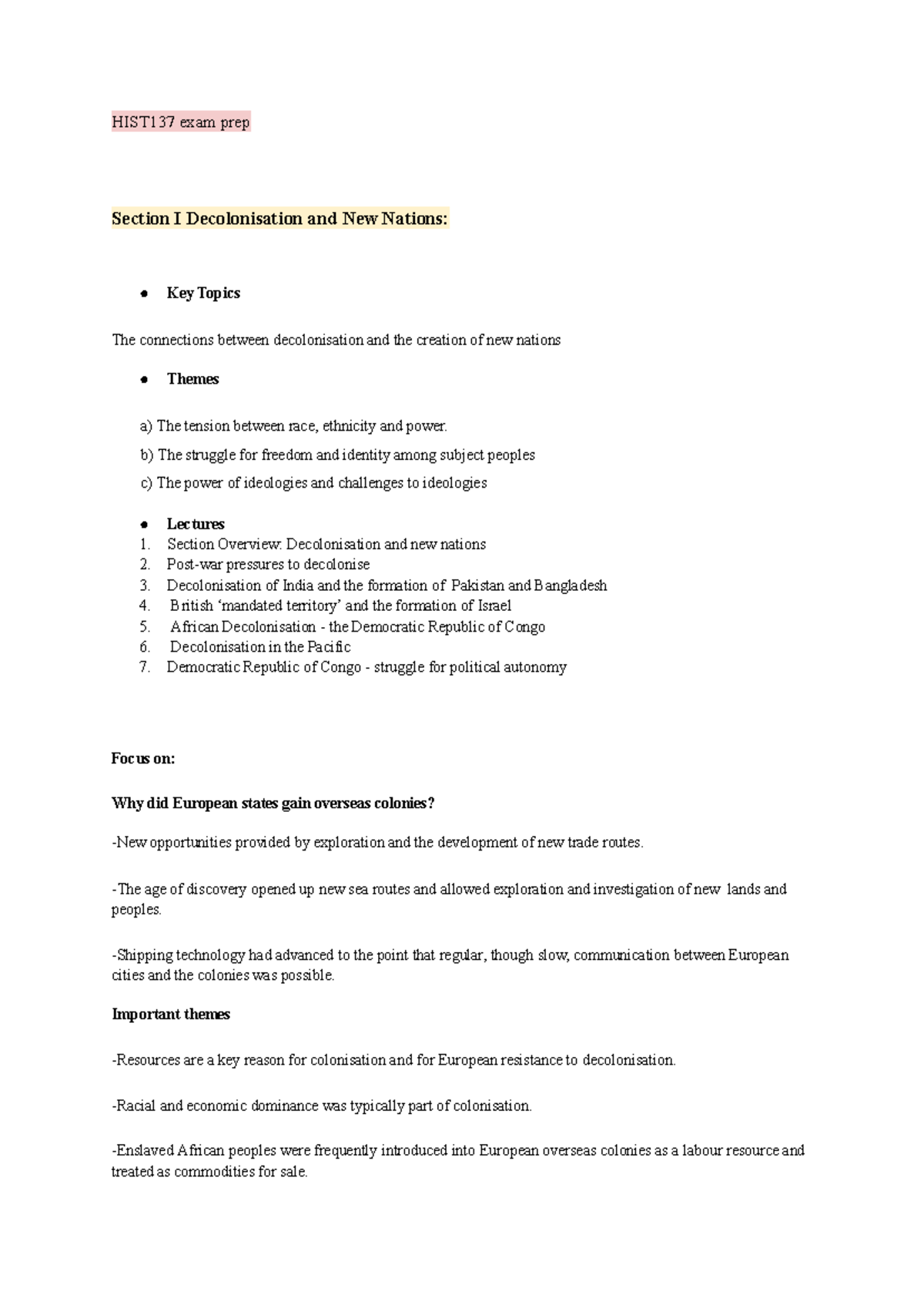 HIST137 exam prep - good notes for end of year exam - HIST137 exam prep ...