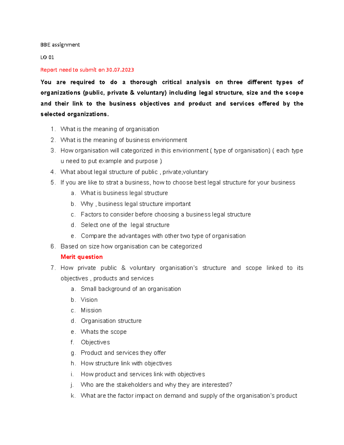 BBE assignment lo 01 - outline - BBE assignment LO 01 Report need to ...