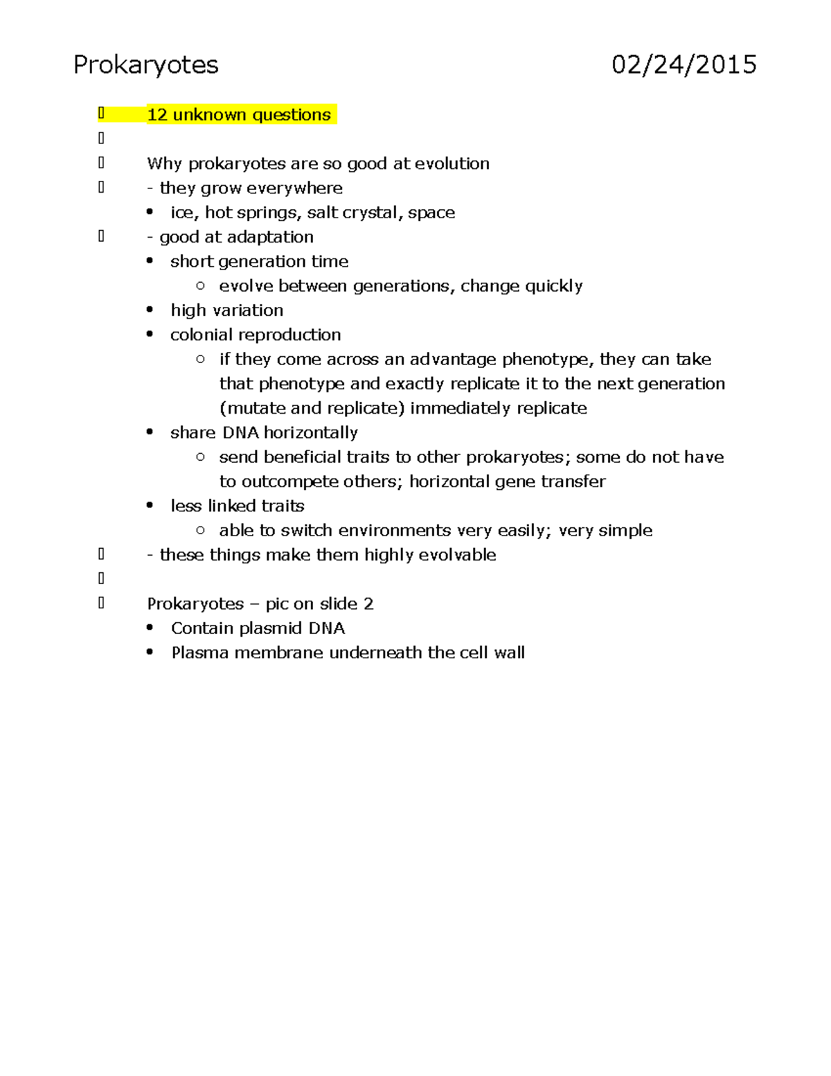BIO II Test 2 Notes - Prokaryotes 02/24/ 12 unknown questions Why ...