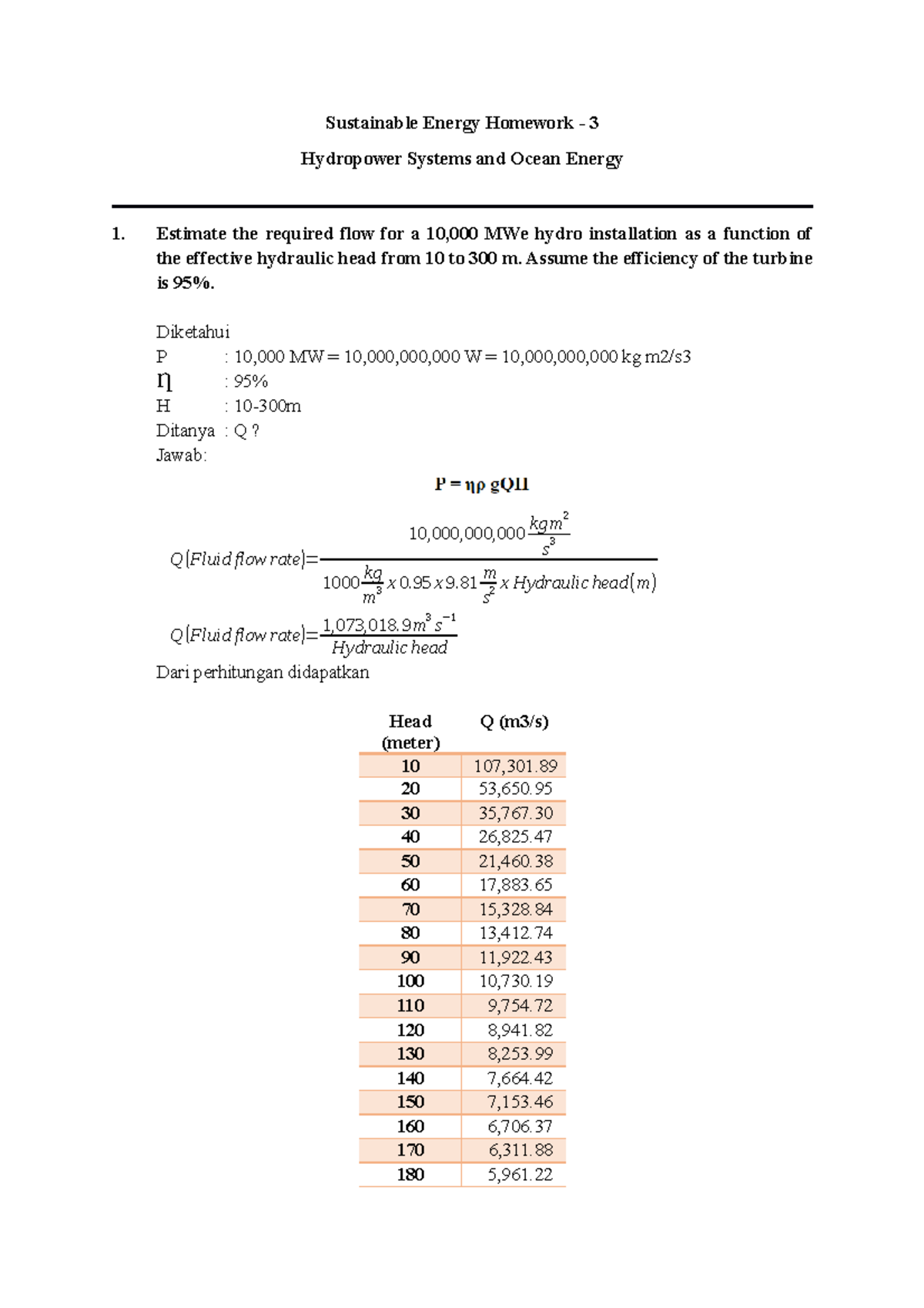 Homework-3 Hydro Power - Sustainable Energy Homework - 3 Hydropower ...