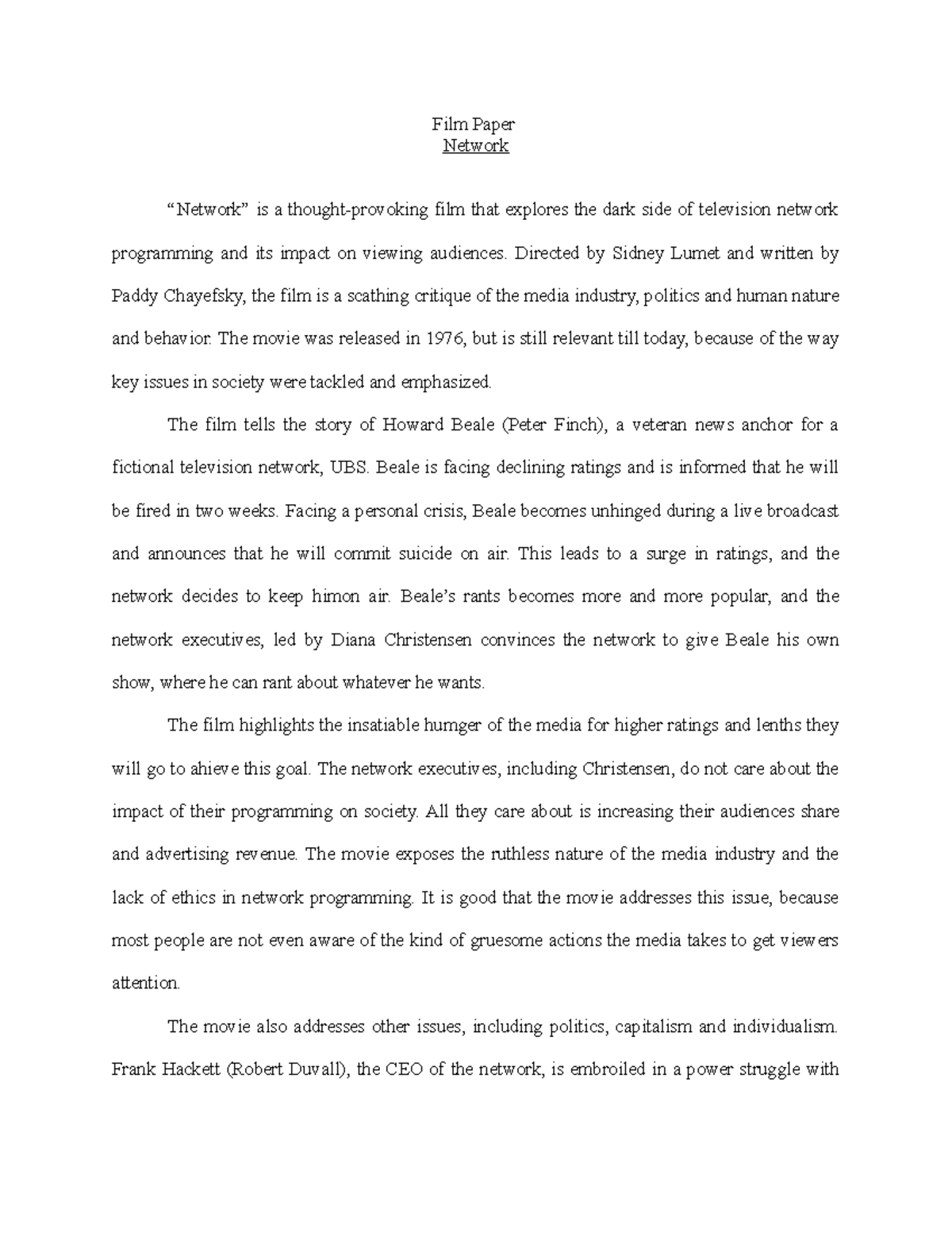 Film Paper - Essay on a film analysis. - Film Paper Network “Network ...