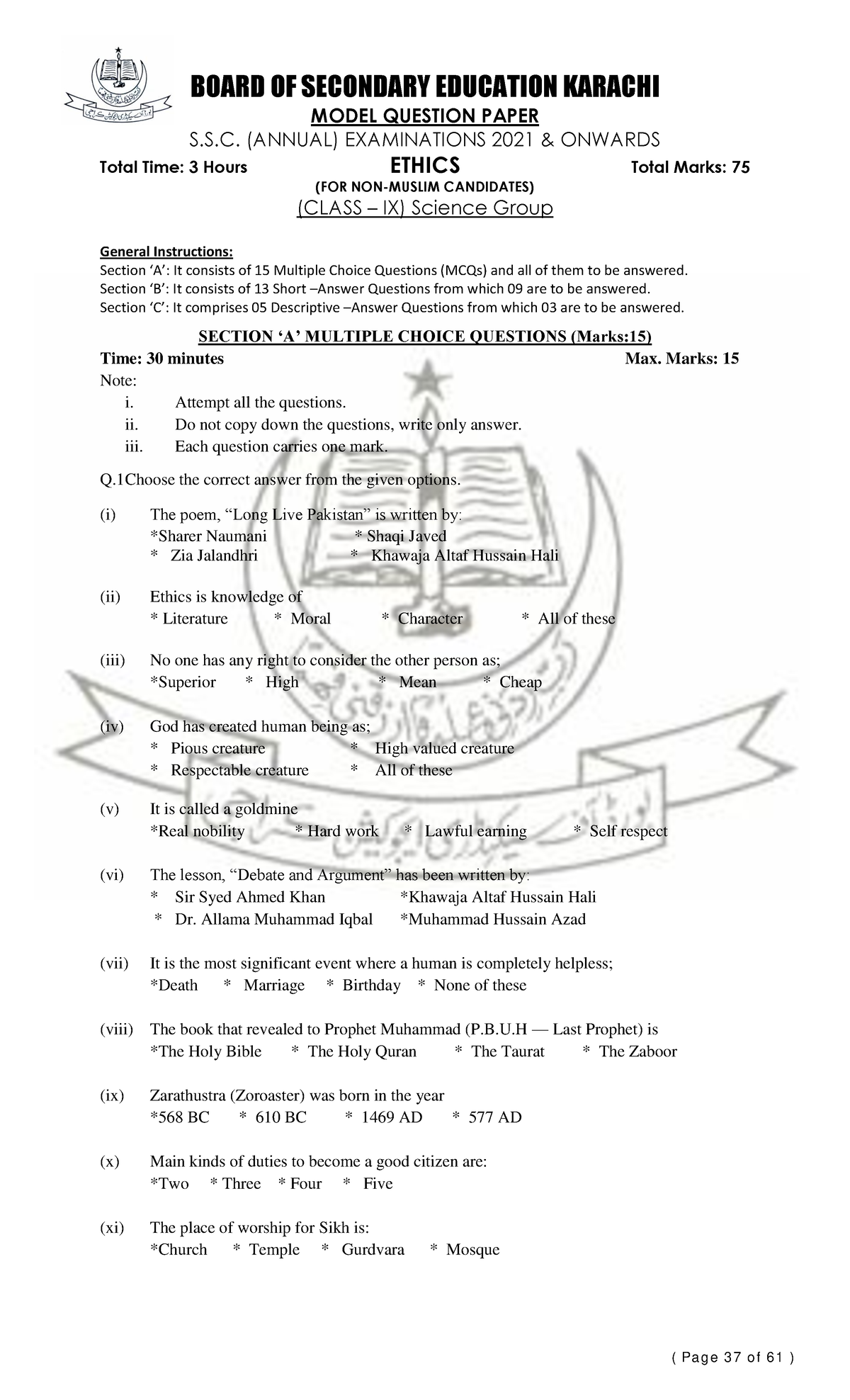 9th model paper karachi ethics - BOARD OF SECONDARY EDUCATION KARACHI ...