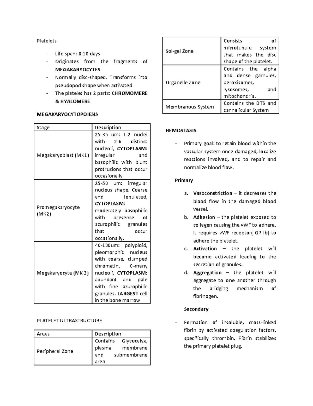 Hema 2 review notes 1 - Platelets - Life span: 8-10 days - Originates ...
