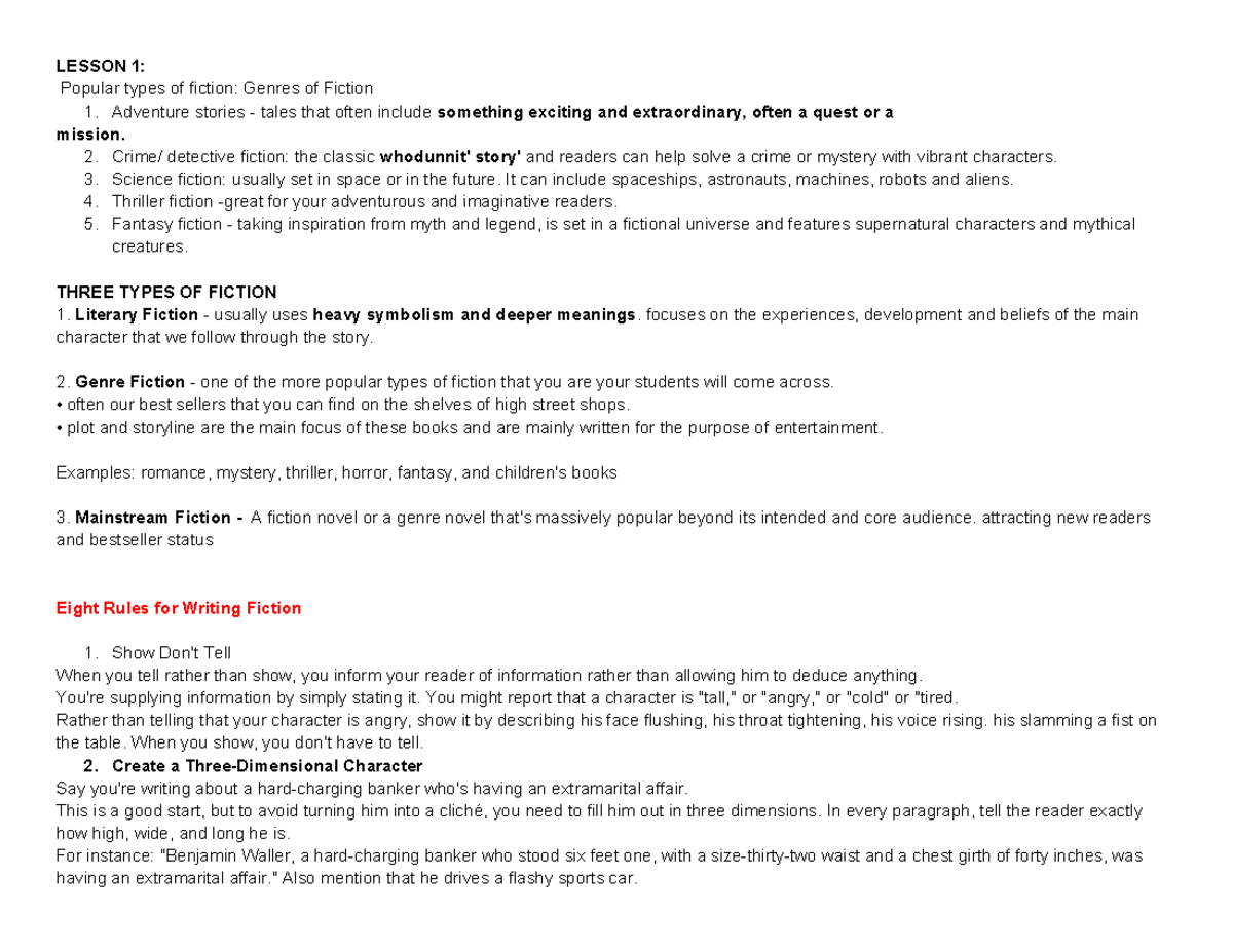 Lesson 2 SIR Emman CW - zsfdgff - LESSON 1: Popular types of fiction ...