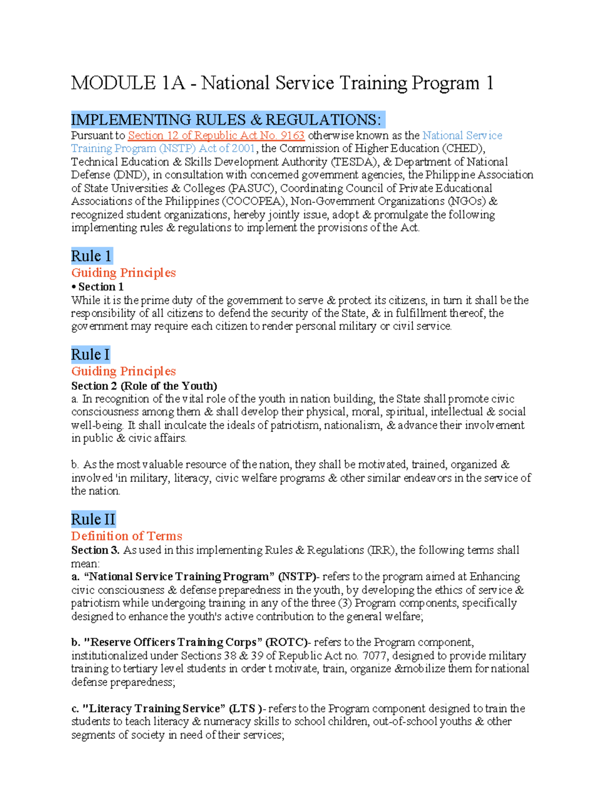 NSTP - MODULE 1A & 1B - MODULE 1A - National Service Training Program 1 ...