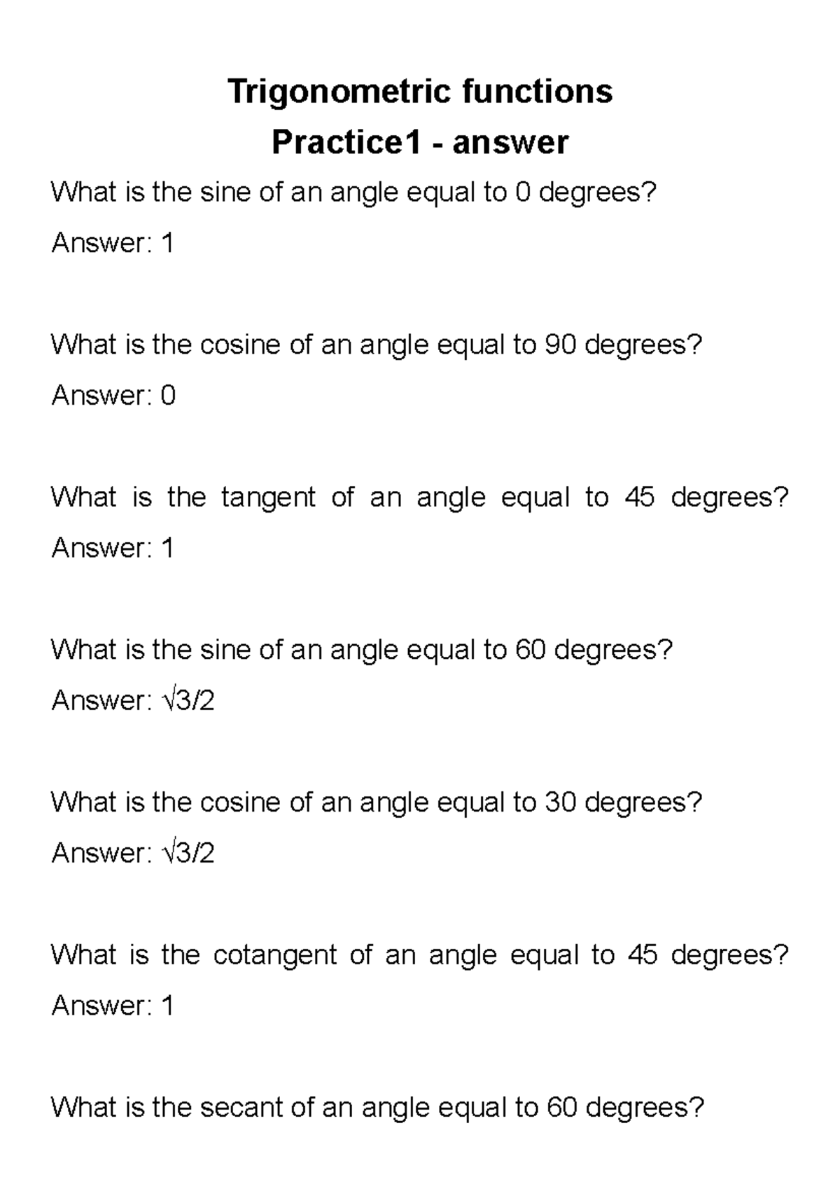 Trigonometric functions Practice 1 - answer - Trigonometric functions ...