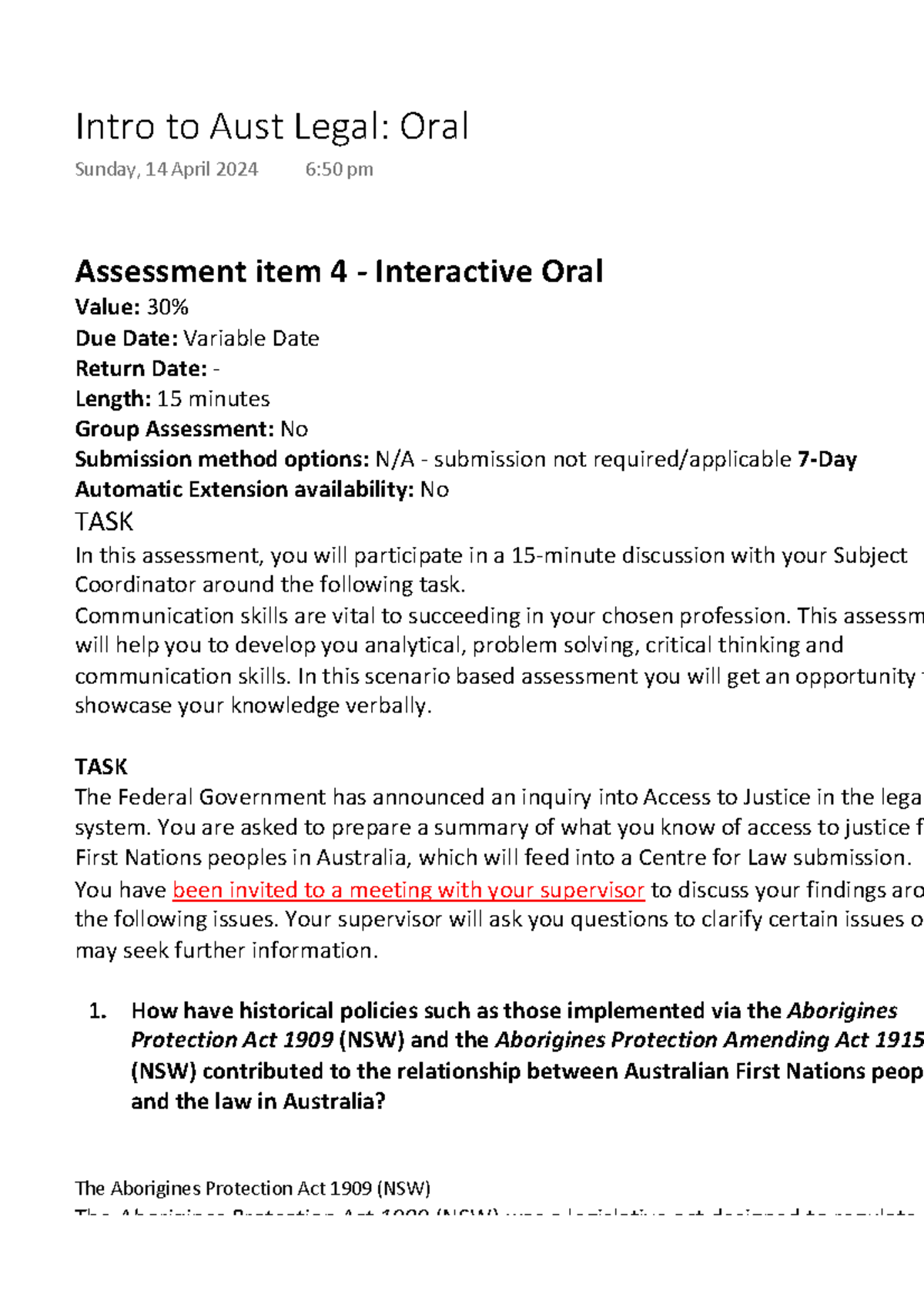 Intro to Aust Legal Oral - Assessment item 4 - Interactive Oral Value ...