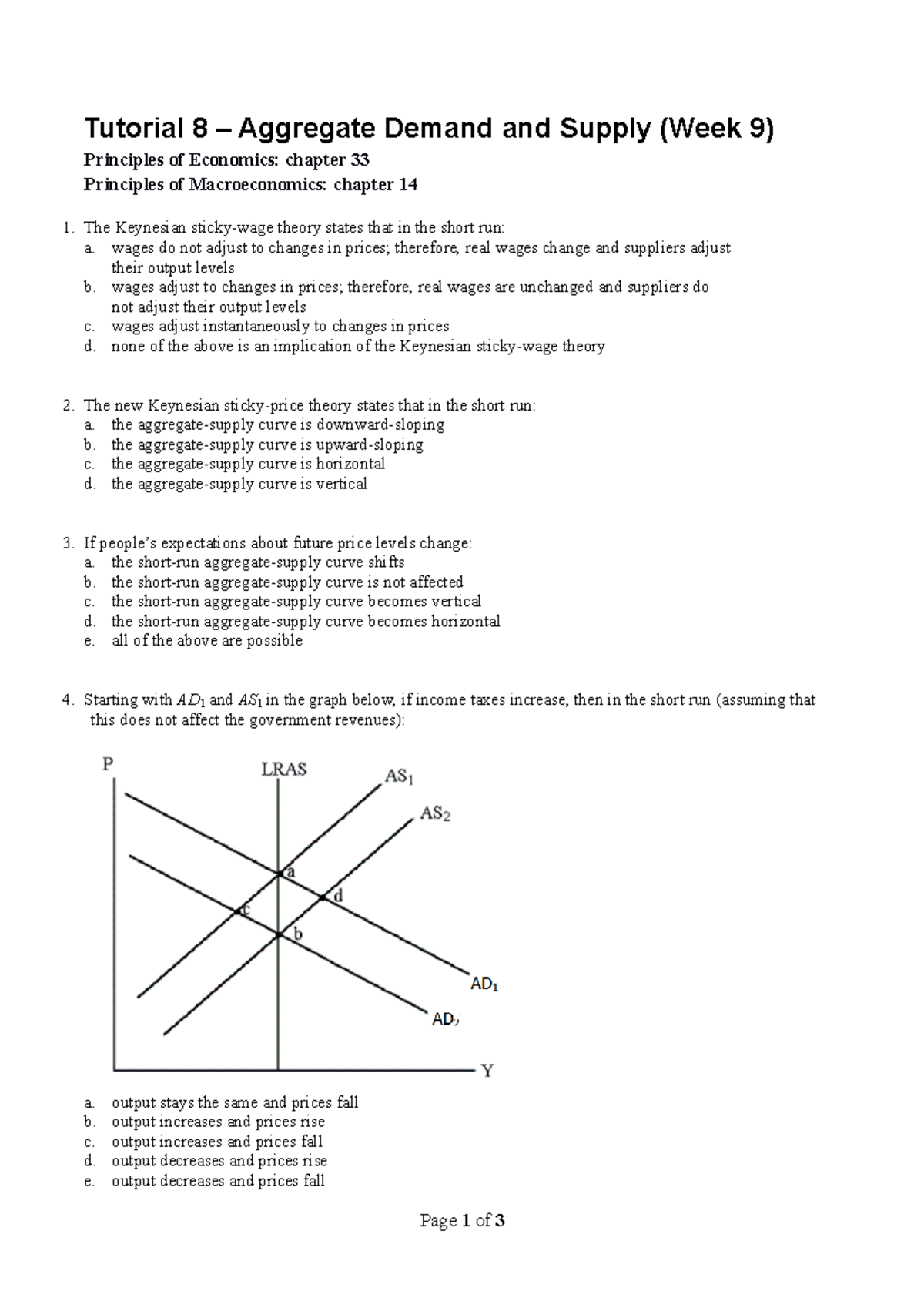 Tut8 (Week 9) Questions-1 - Tutorial 8 – Aggregate Demand and Supply ...