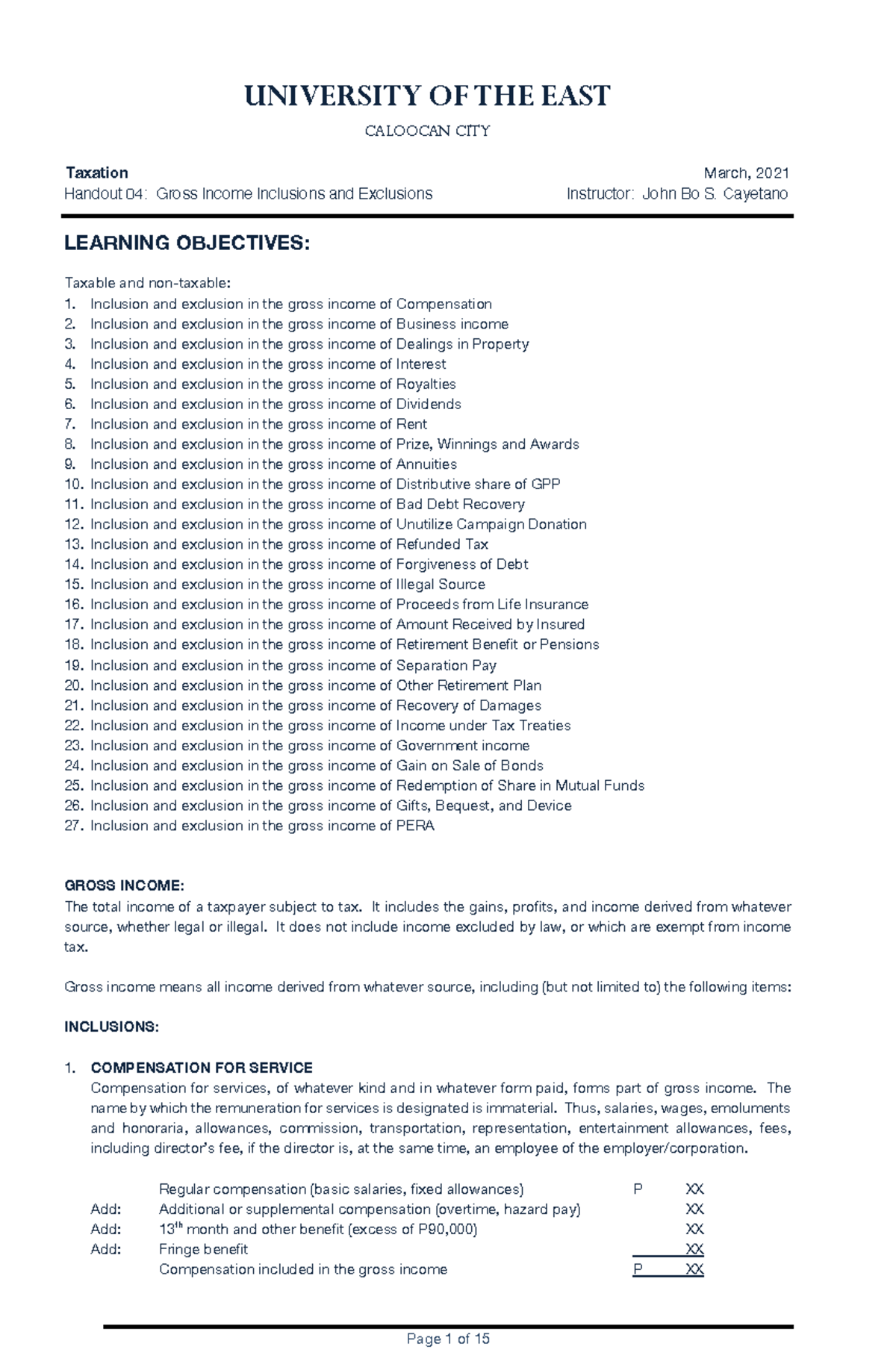 Gross-Income - taxation - UNIVERSITY OF THE EAST CALOOCAN CITY Taxation ...