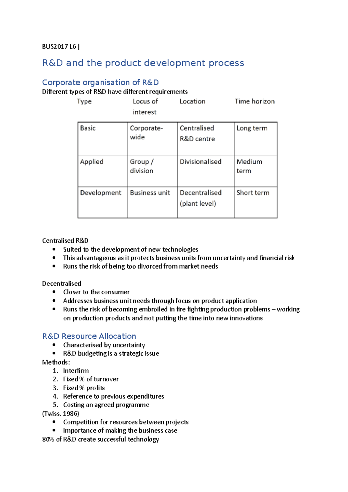 L6 - Lecture 6 - BUS2017 L6 ] R&D and the product development process ...