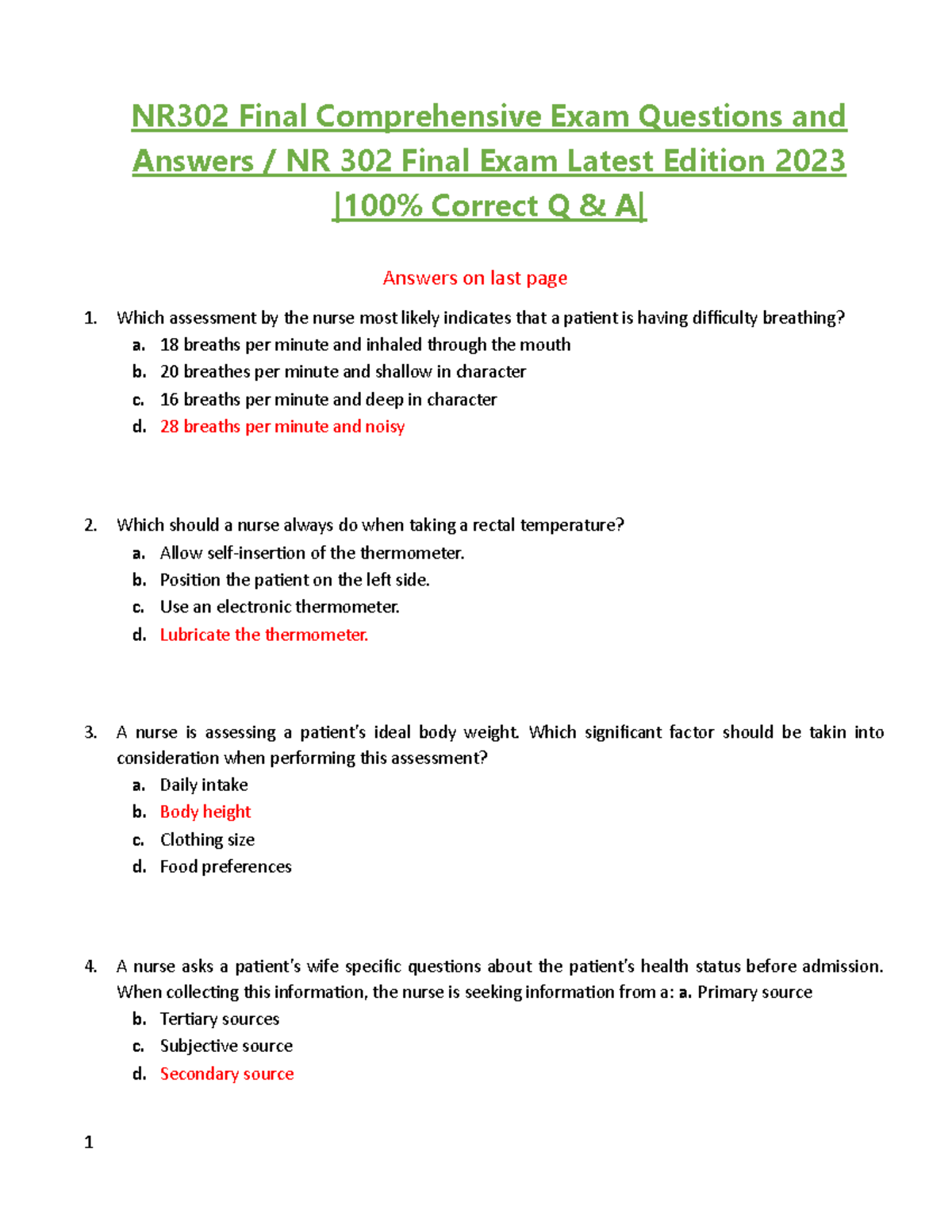Comprehensive - nursing questions - 1 NR302 Final Comprehensive Exam ...