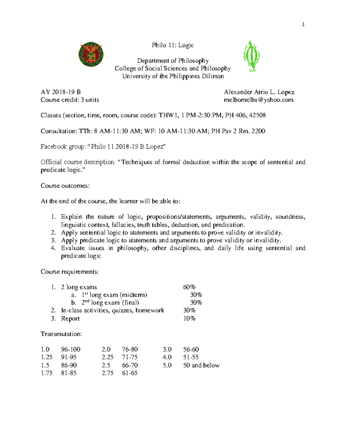 Syllabus Philo 11 18-19 B Lopez - Philo 11: Logic Department of Philosophy College of Social ...