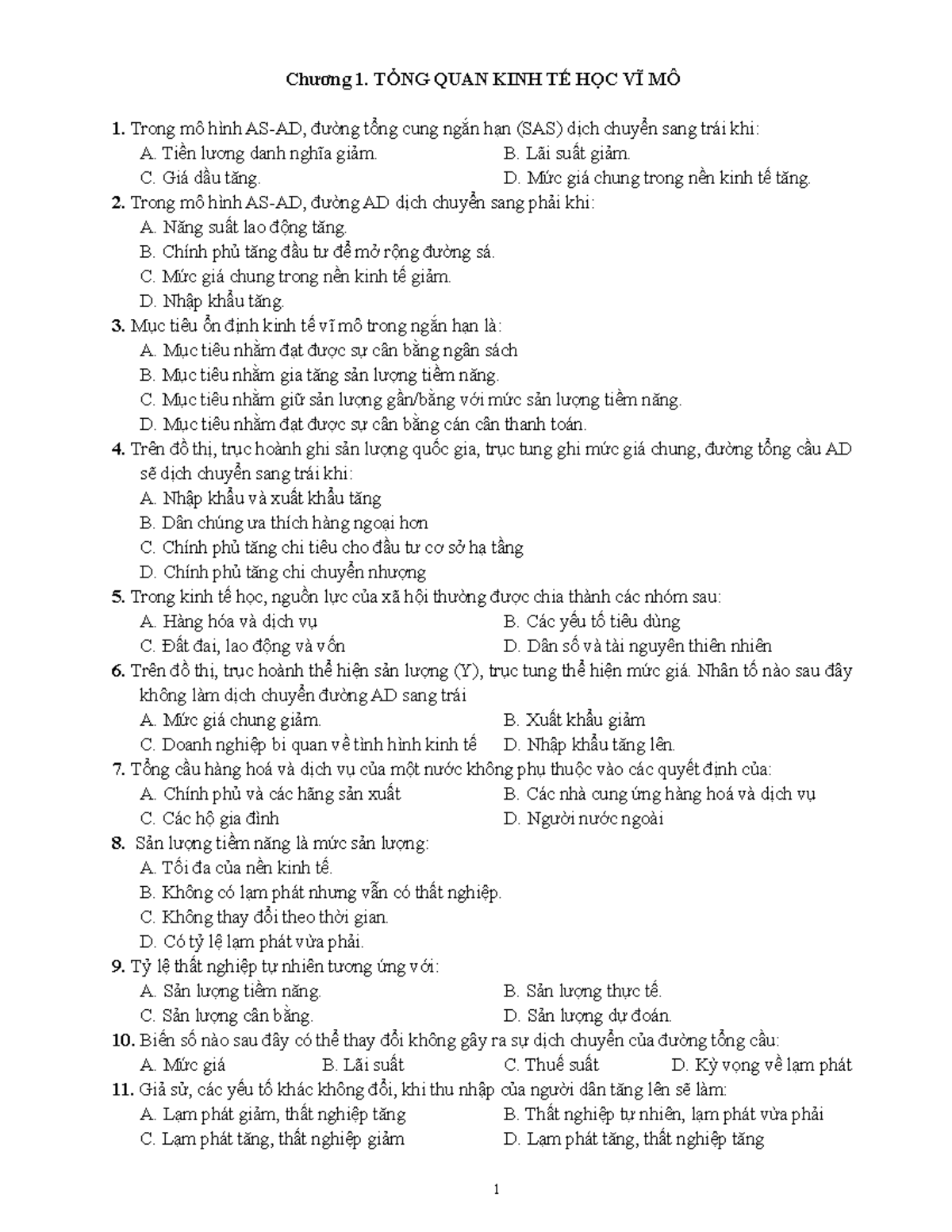 Baitap KTVM 1 - Bai tap ktvm - Chương 1. TỔNG QUAN KINH TẾ HỌC VĨ MÔ ...