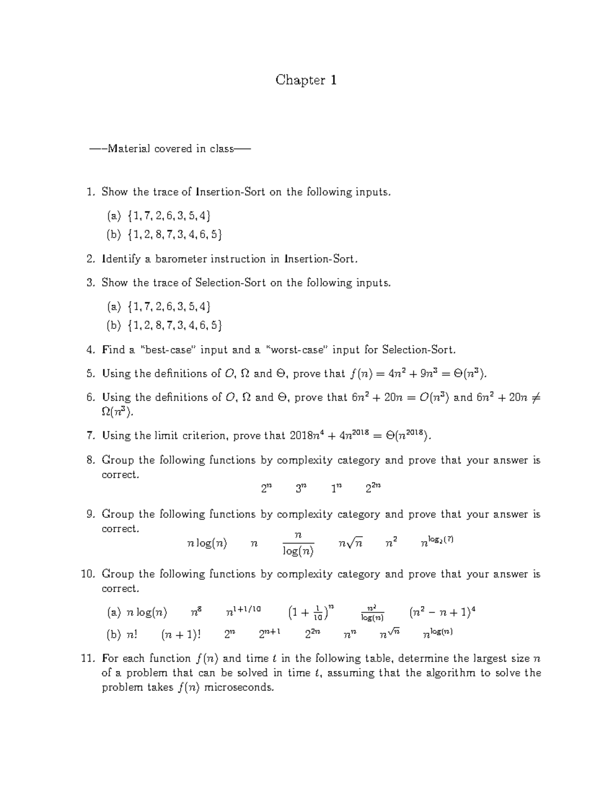 Exercices Chapter 1 - Chapter 1 —–Material covered in class—– Show the trace of Insertion-Sort ...