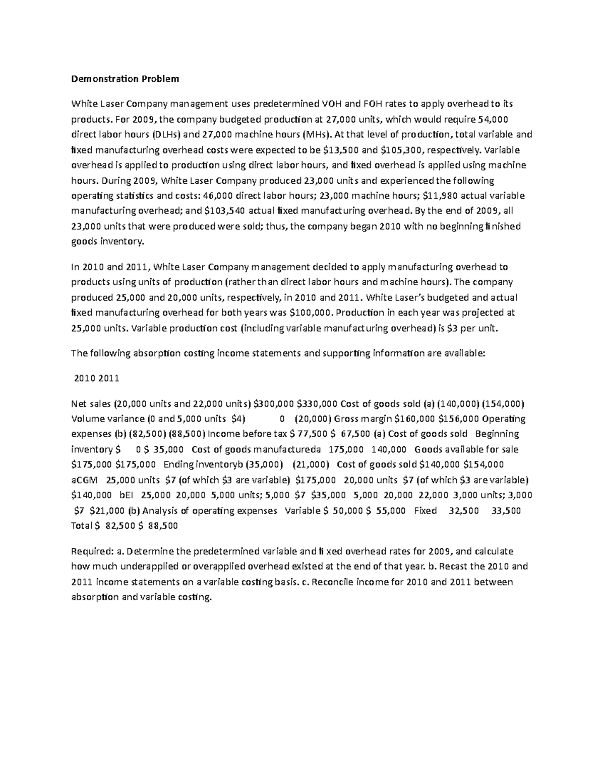 Demonstration Problem - Demonstration Problem White Laser Company ...