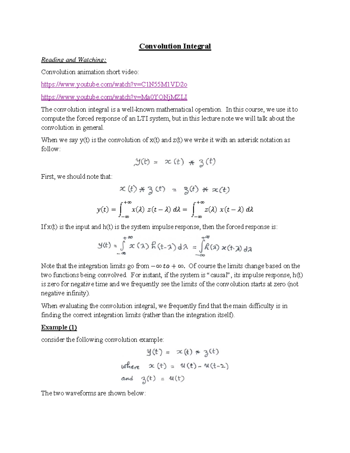 Convolution Notes - Convolution Integral Reading and Watching ...