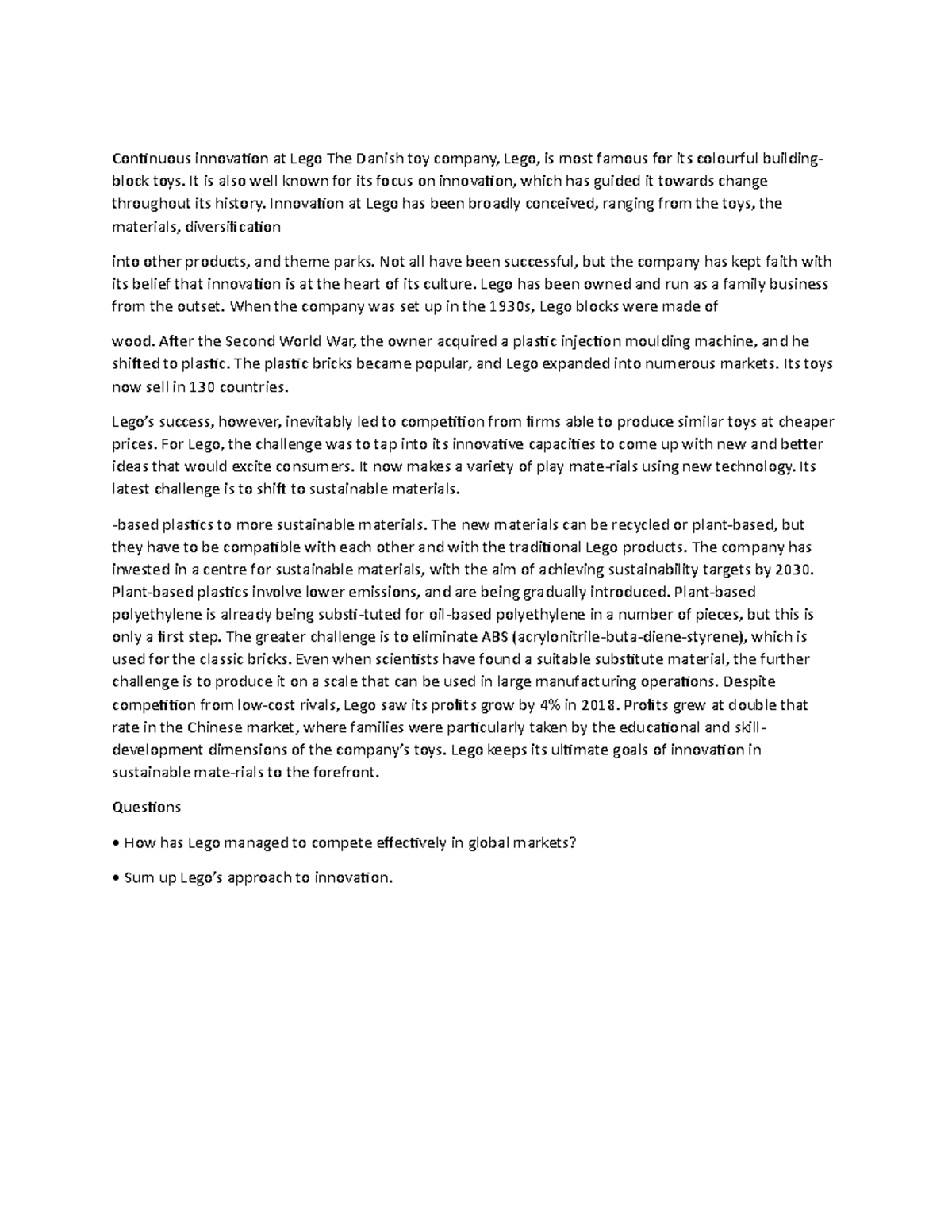 Lego - assignment - Continuous innovation at Lego The Danish toy ...