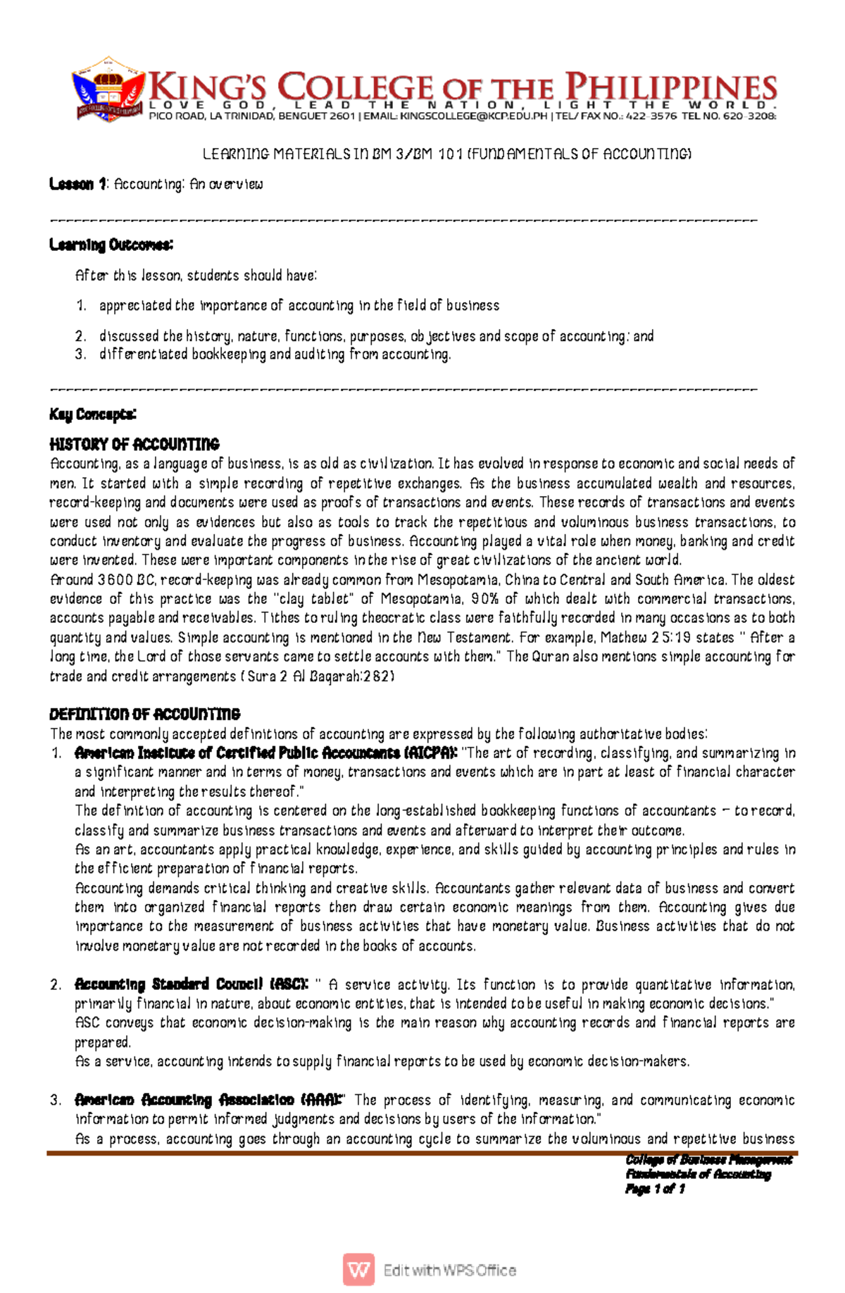 Lesson 2 Overview of Accounting - College of Business Management ...