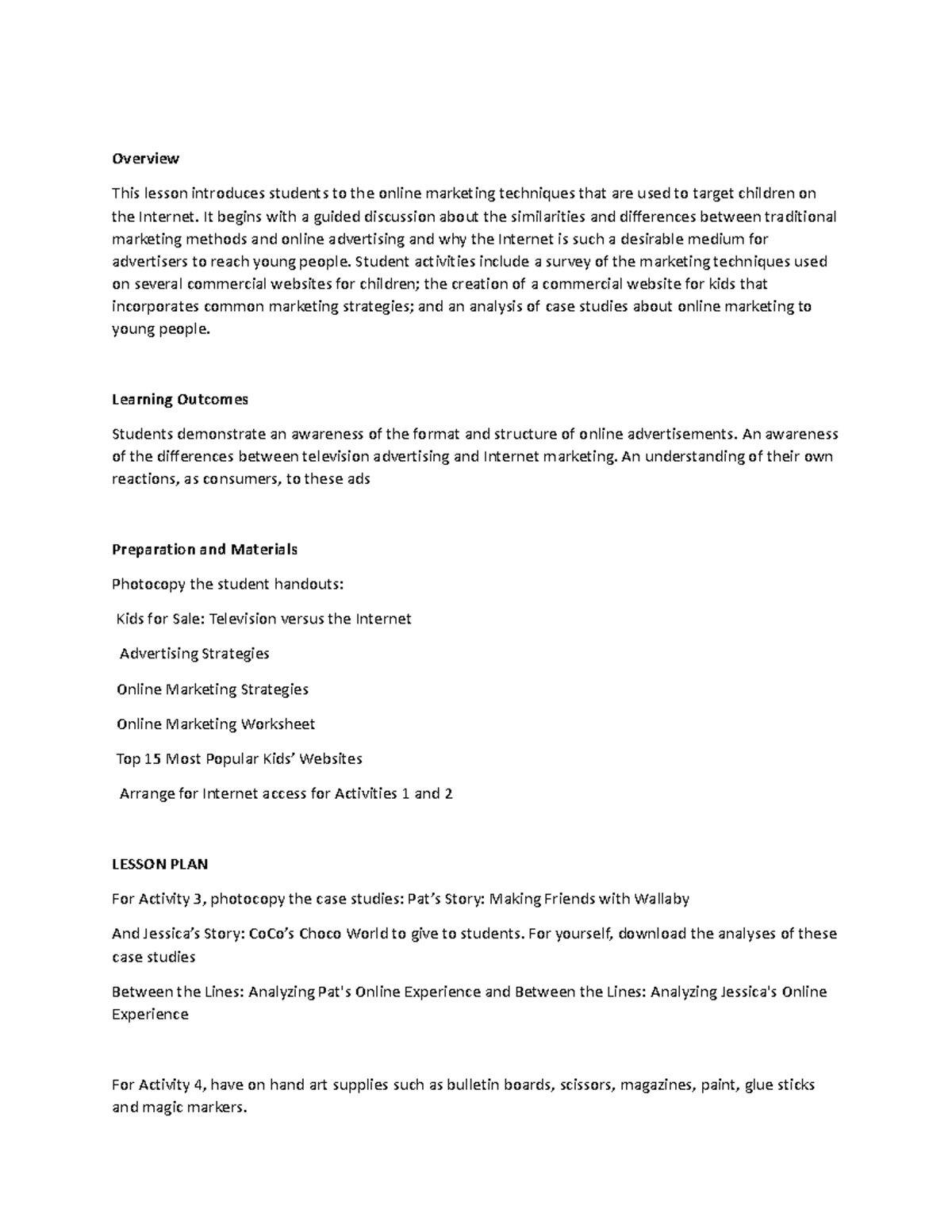 Lesson - Overview This lesson introduces students to the online ...