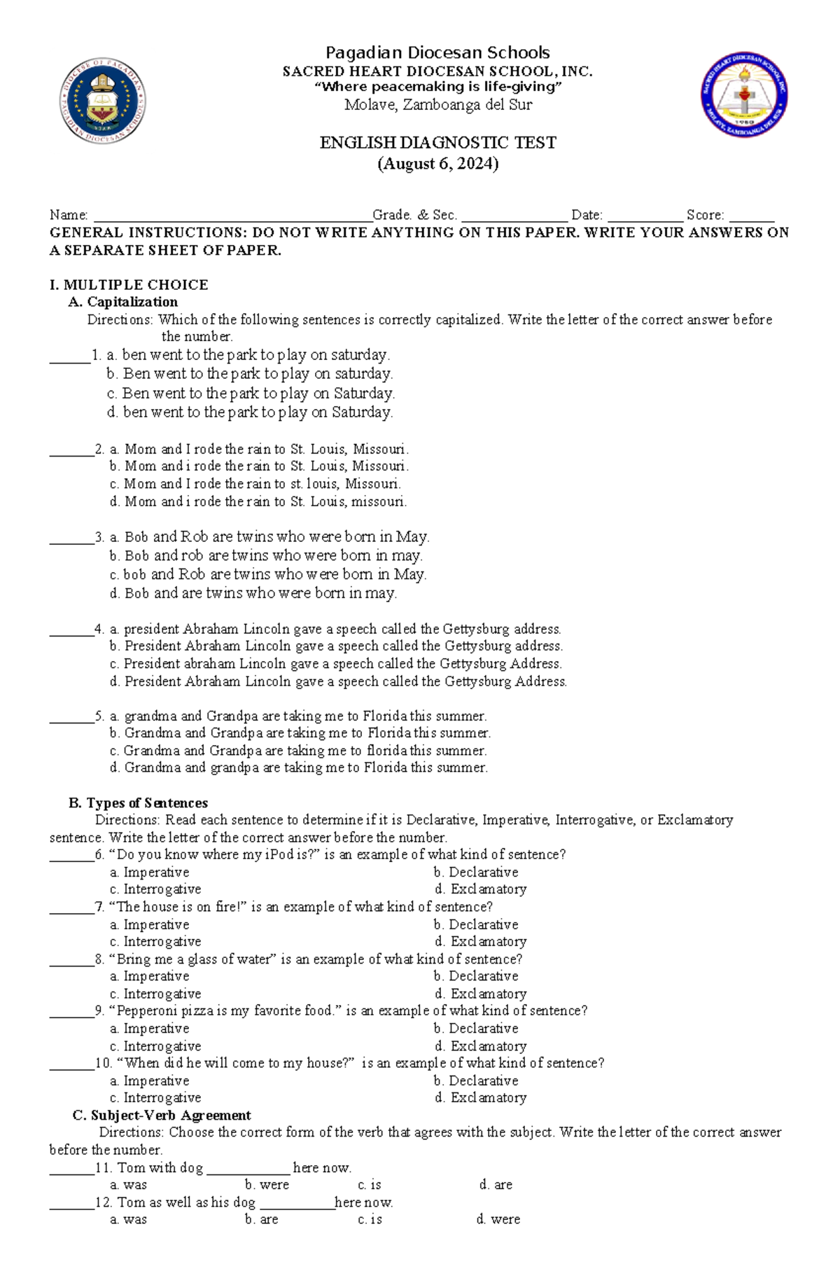Diagnostic-TEST - This will serve as a review material. - Name: - Studocu
