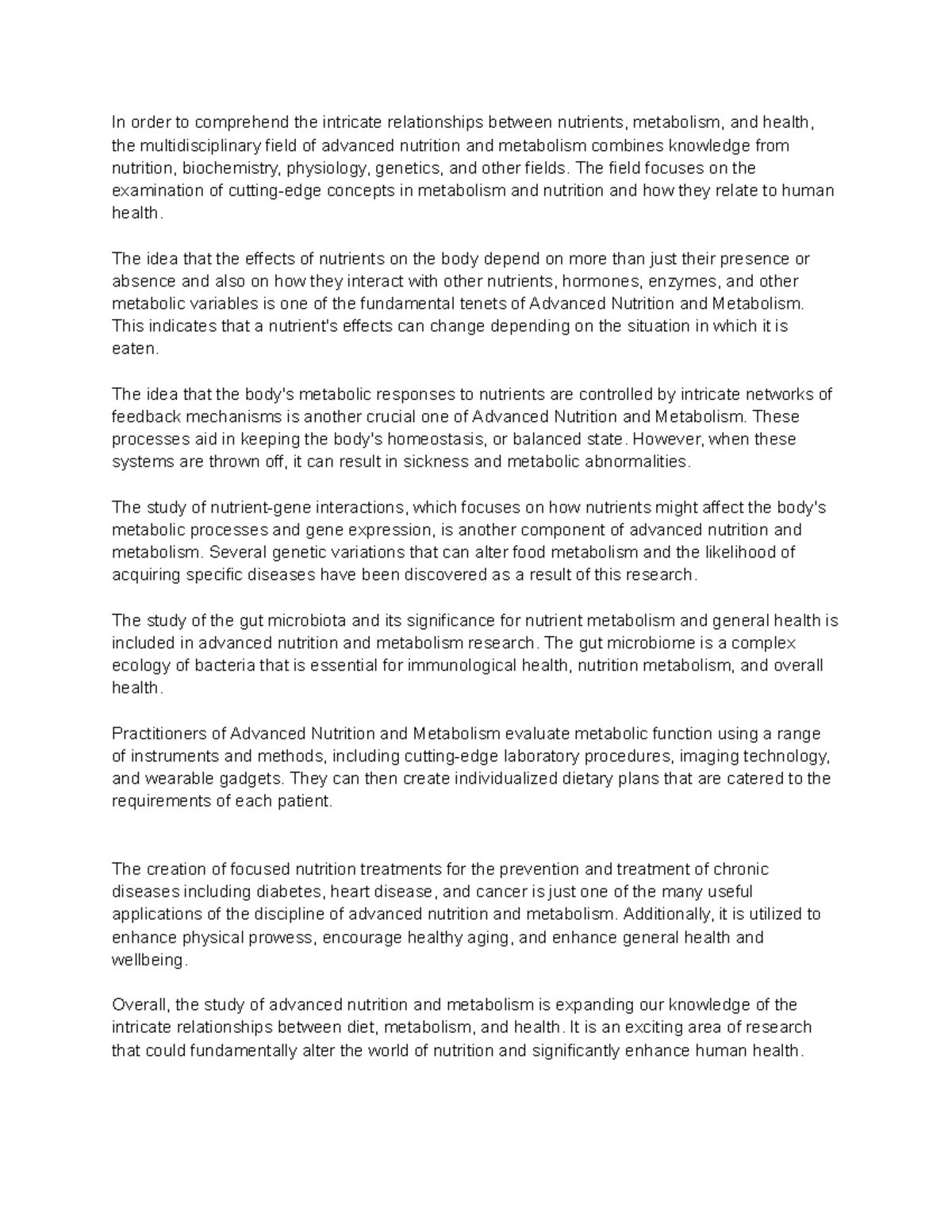 Notes on Advanced Nutrition and Metabolism - In order to comprehend the ...