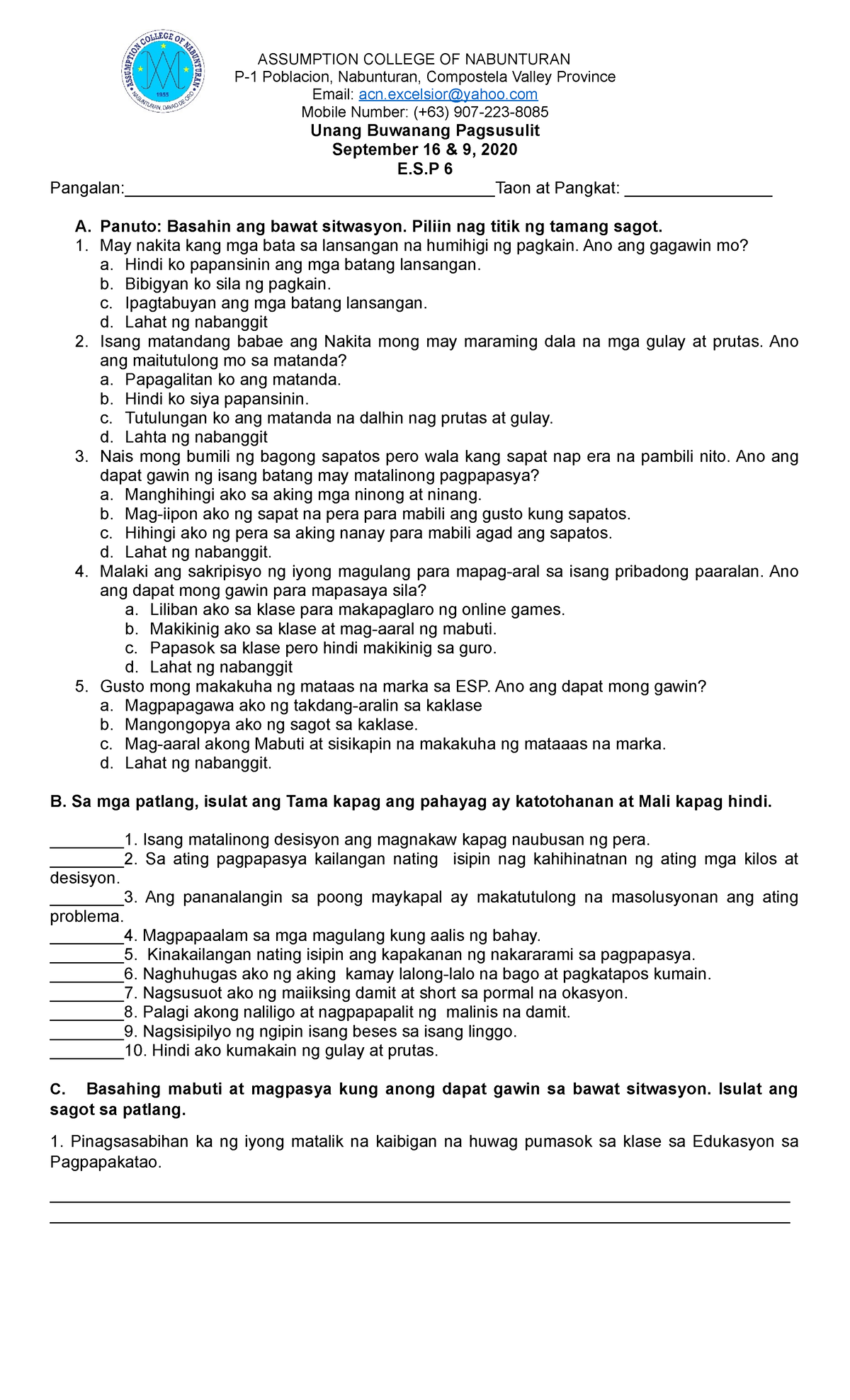 ESP 6 - lesson plan - ASSUMPTION COLLEGE OF NABUNTURAN P-1 Poblacion ...