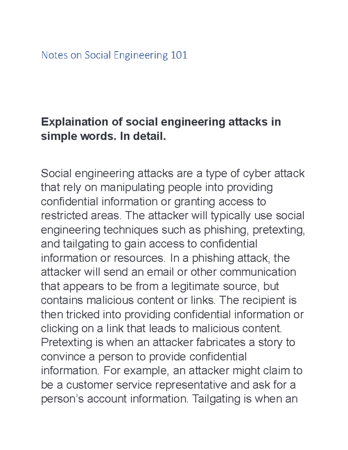 Notes on Social Engineering 101 - In detail. Social engineering attacks ...