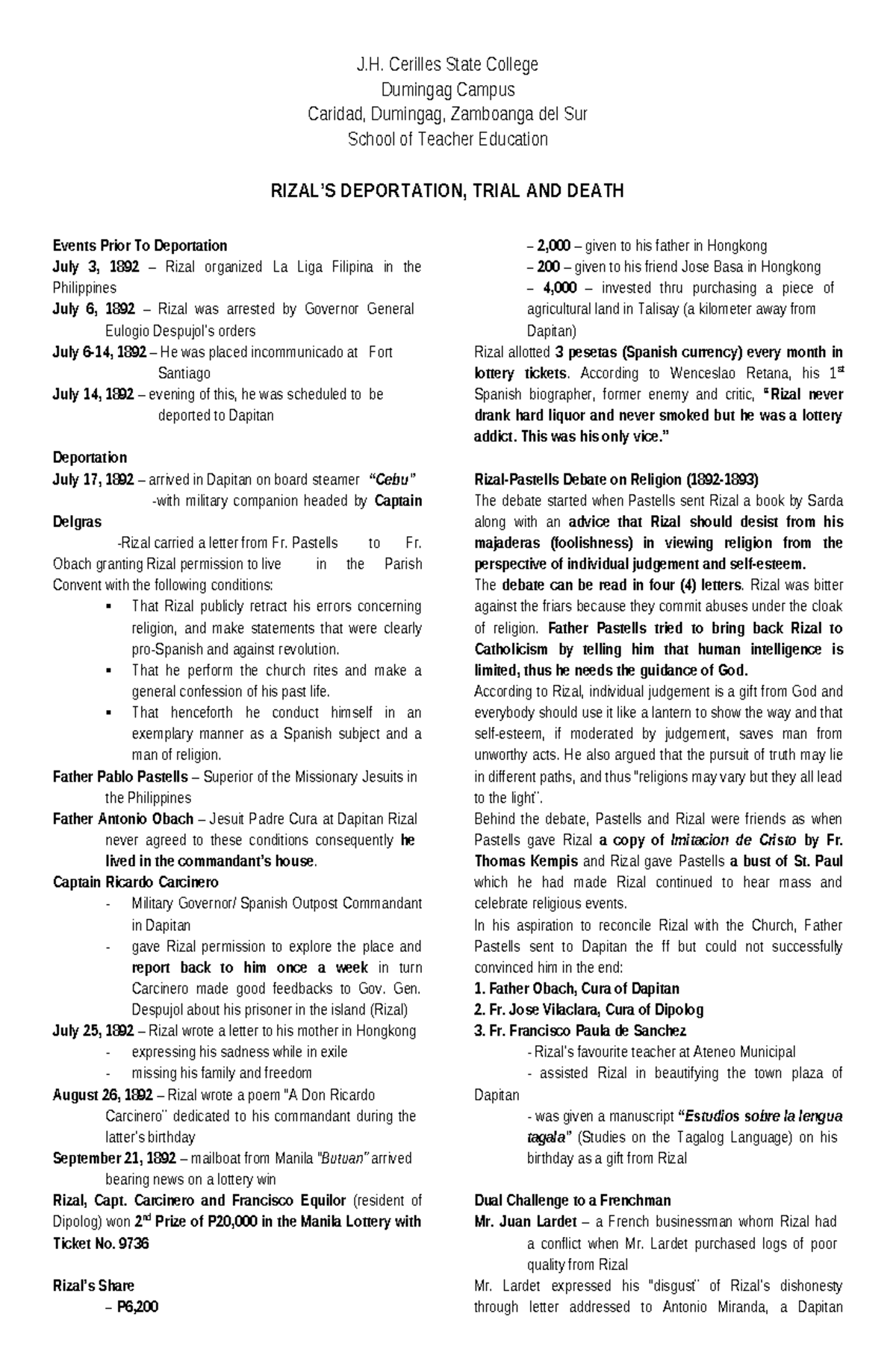 Rizal handout - J. Cerilles State College Dumingag Campus Caridad ...