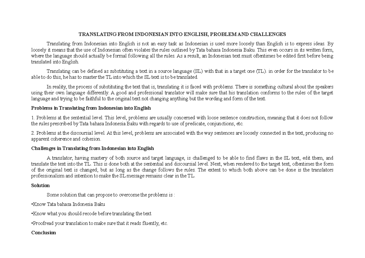 Difficulties IN Translating - TRANSLATING FROM INDONESIAN INTO ENGLISH ...