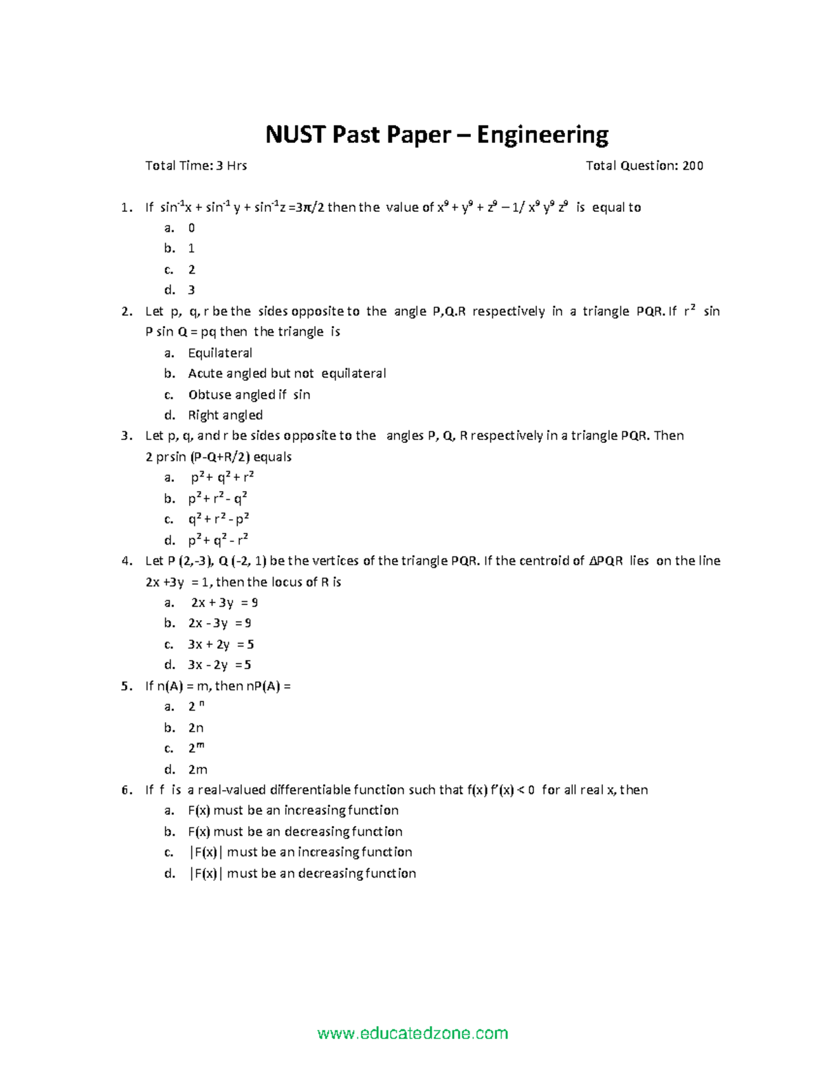 NUST Engineering Pastpaper 4(educatedzone - NUST Past Paper ...