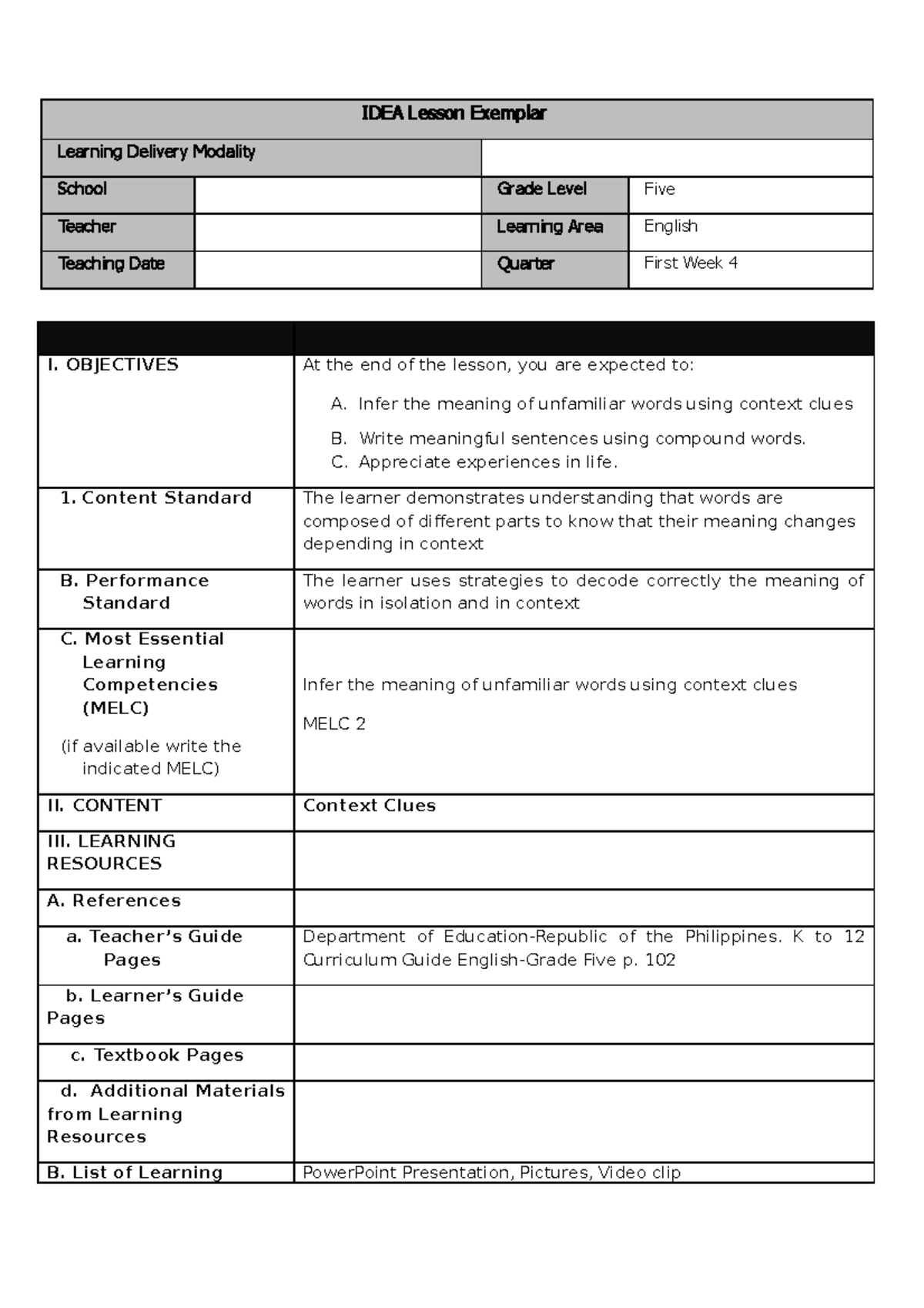 English 5 IDEA LE Q1 WEEK 4 - IDEA Lesson Exemplar Learning Delivery ...