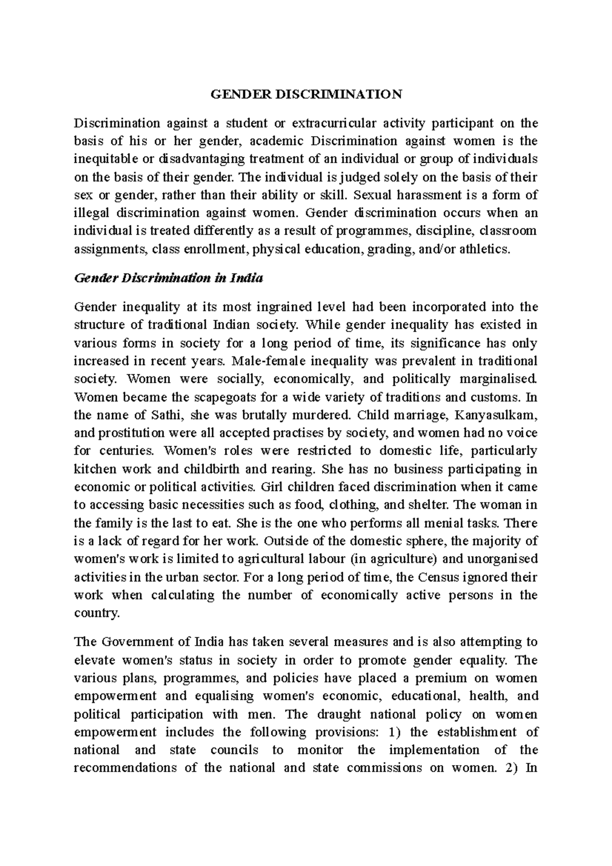 Gender Discrimination - GENDER DISCRIMINATION Discrimination against a ...