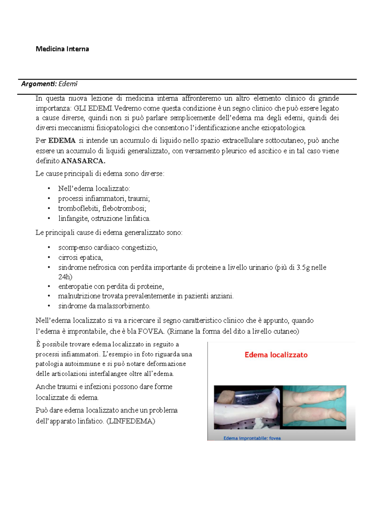 Lezione 6 - Edemi Lezione - Medicina Interna Argomenti: Edemi In questa ...