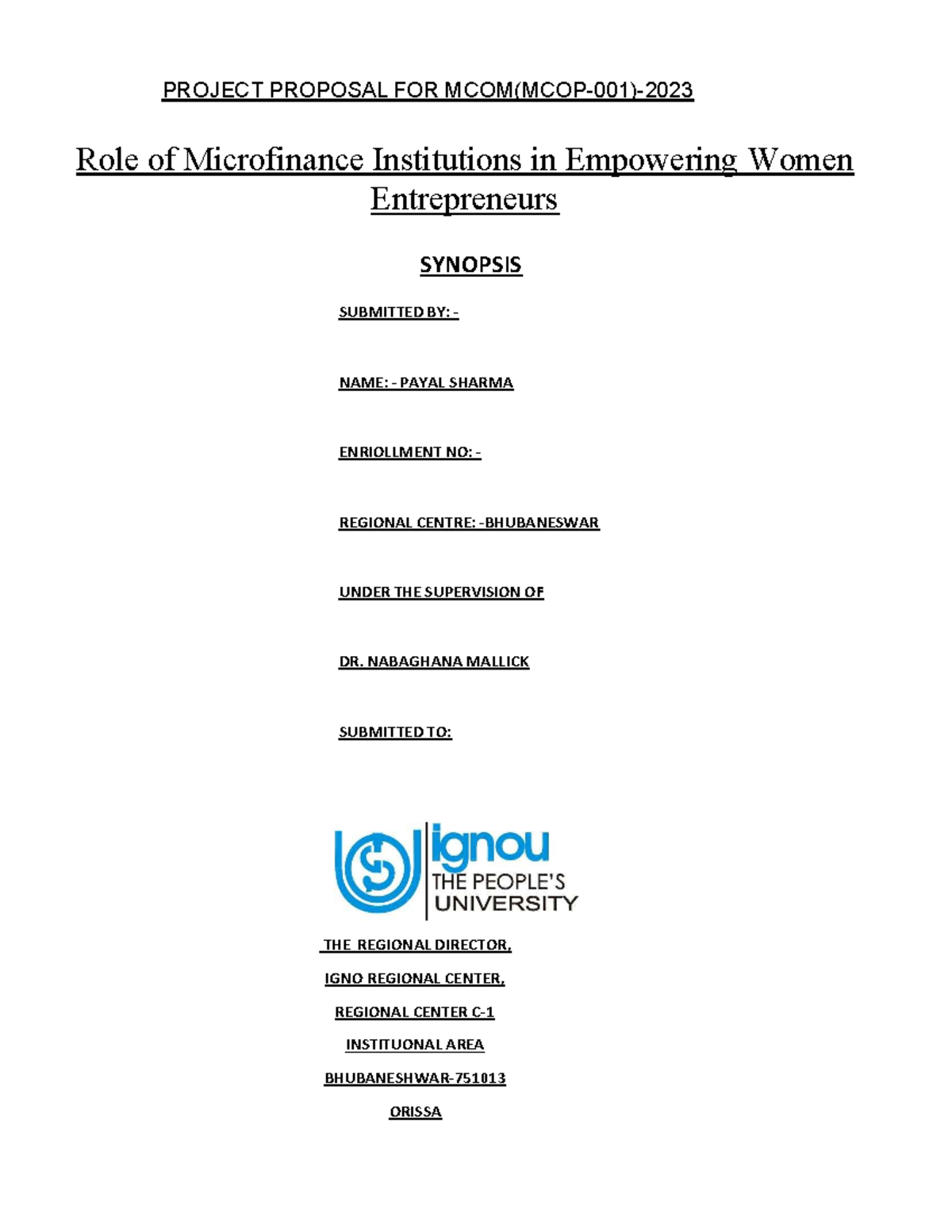 Project Proposal FOR MCOM - PROJECT PROPOSAL FOR MCOM(MCOP-001)- Role of Microfinance ...