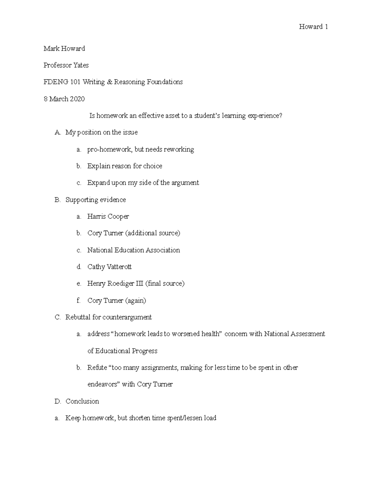 ASE Part 3 Outline - beginning to essay work - Howard 1 Mark Howard ...