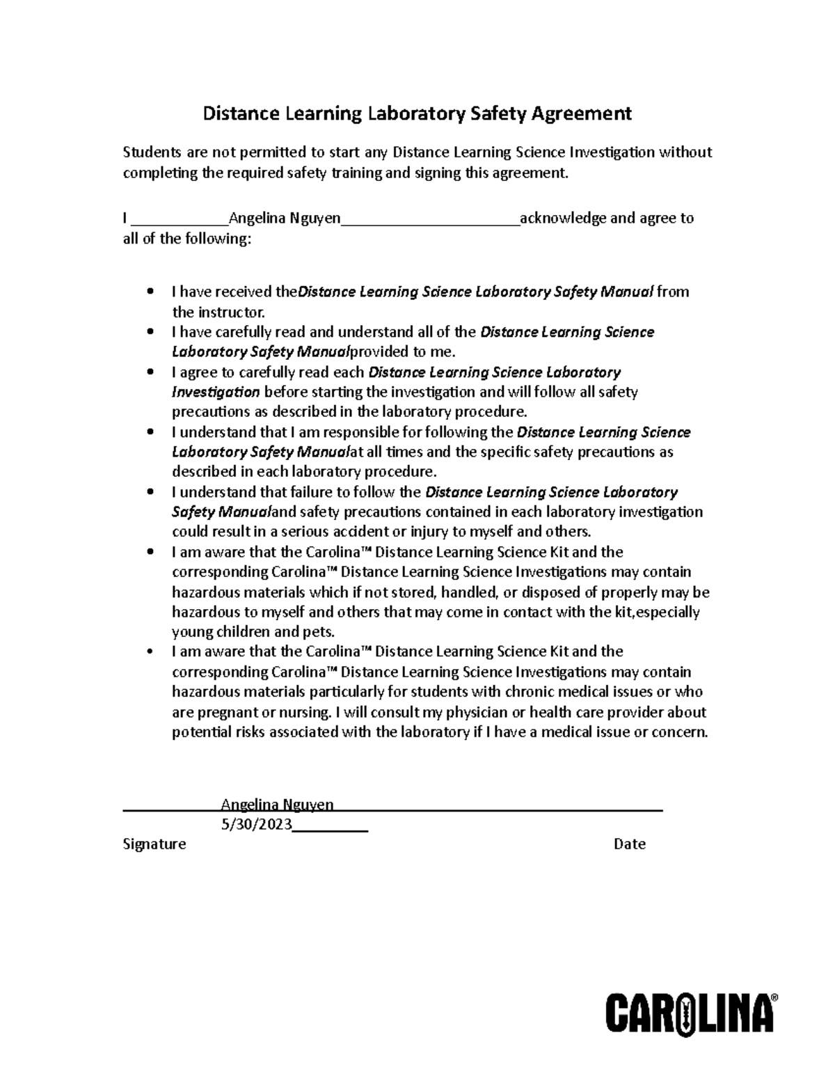 Intro BIO 133L Lab Safety Contract - Distance Learning Laboratory ...