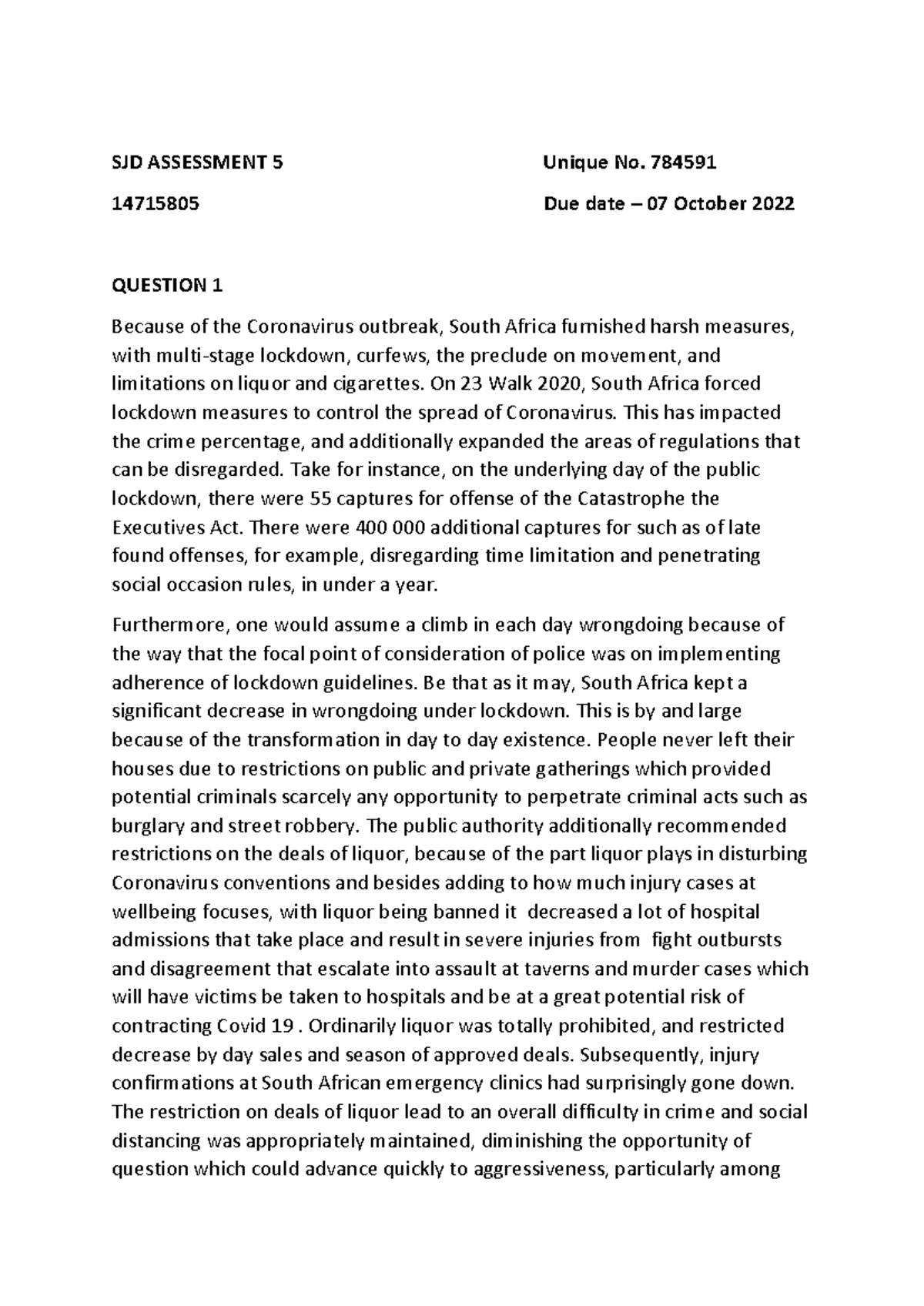 SJD1501 Assessment 5 - SJD ASSESSMENT 5 Unique No. 784591 14715805 Due ...