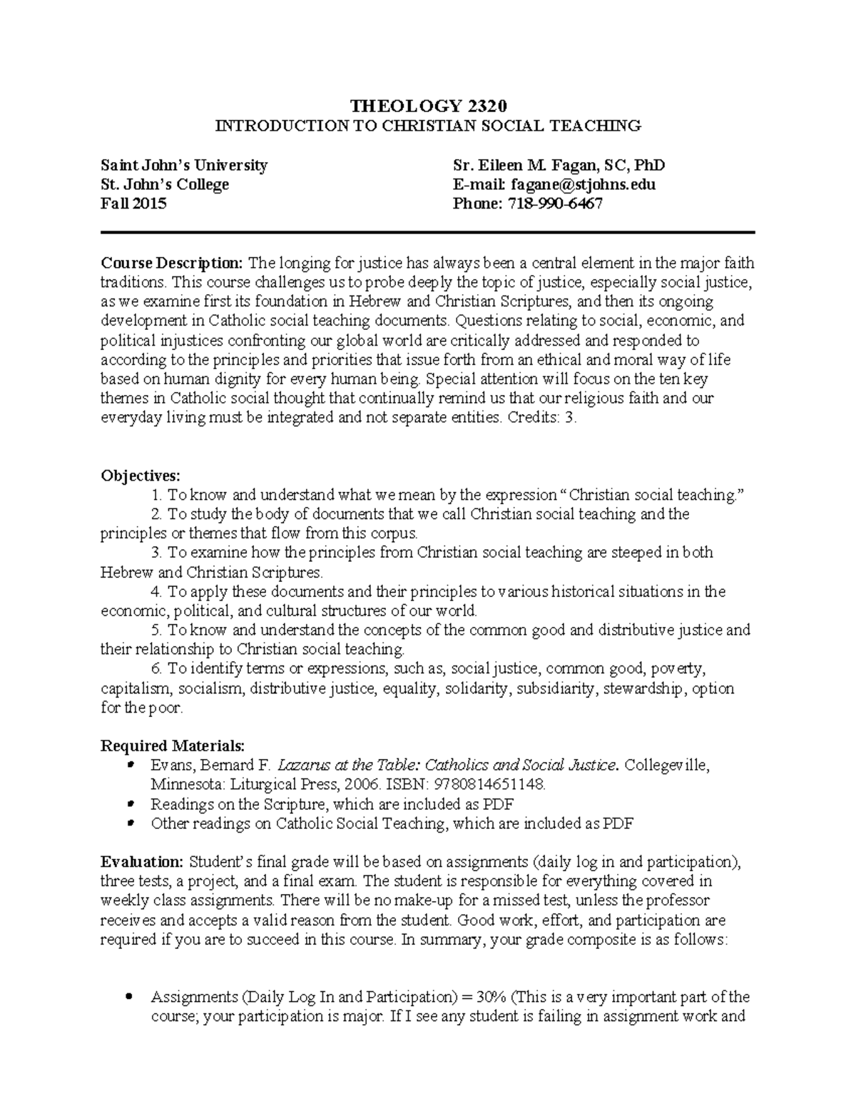 THE2320 Syllabus - THEOLOGY 2320 INTRODUCTION TO CHRISTIAN SOCIAL ...