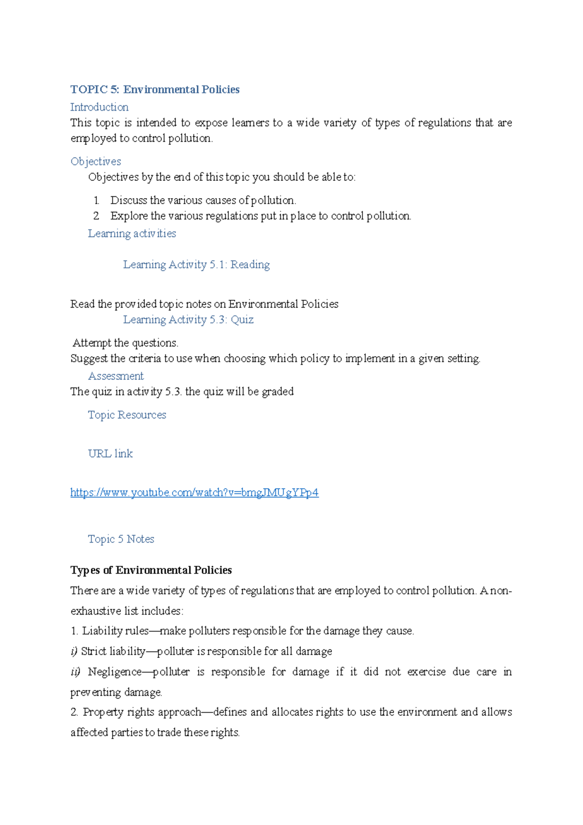 Topic 5-Environmnetal Econ - TOPIC 5: Environmental Policies ...