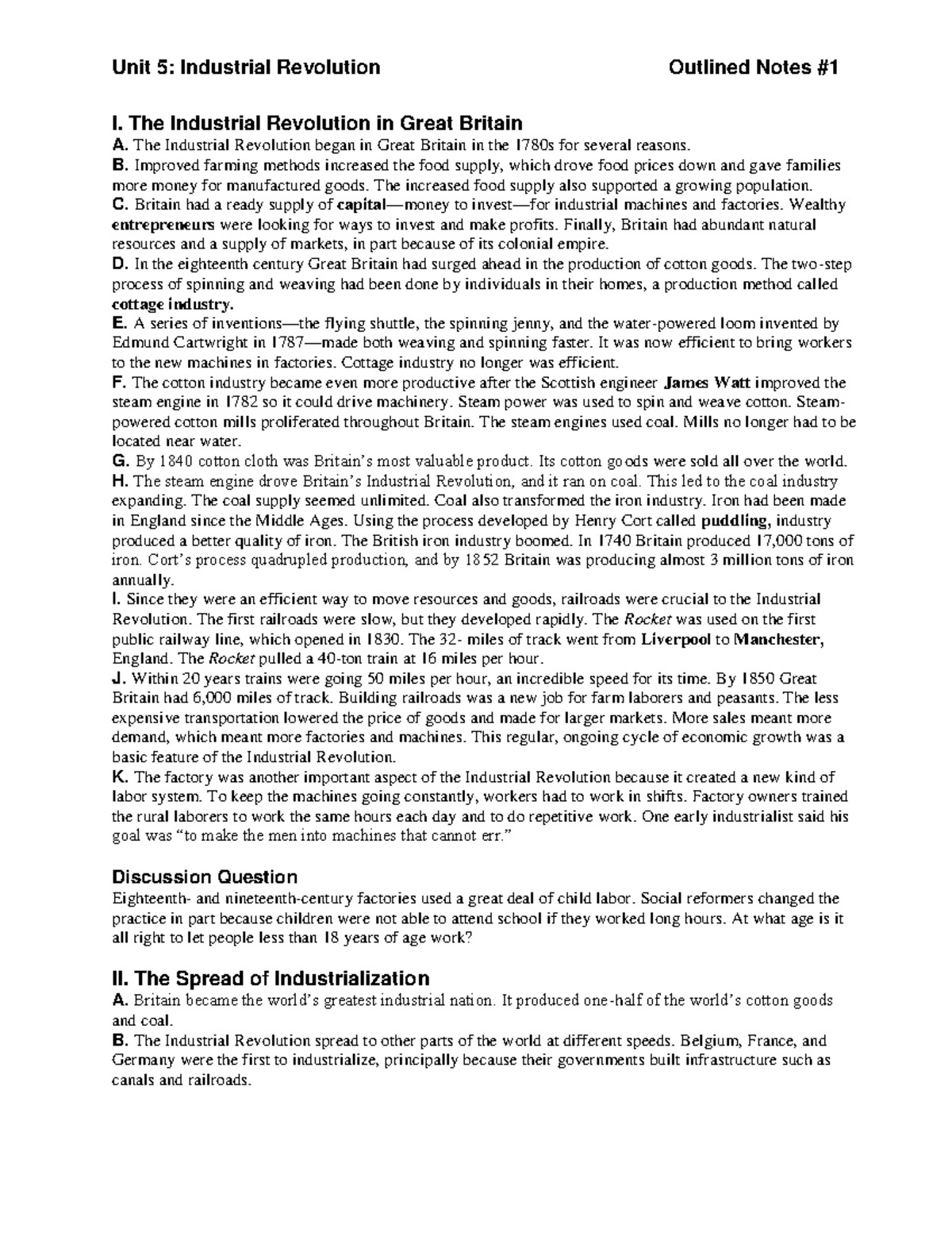 Outlined Notes 1 - Springer - Unit 5: Industrial Revolution Outlined ...